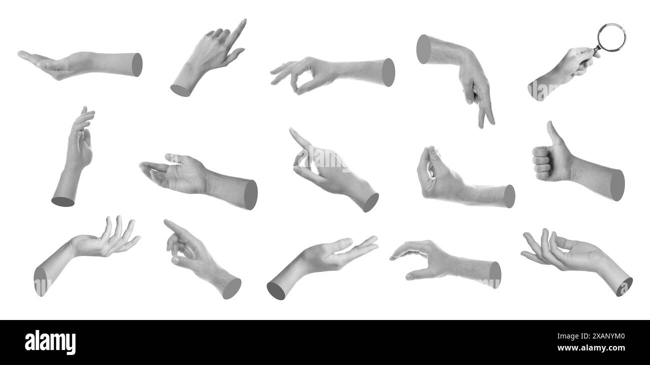 Set of different hand gestures isolated on white, black and white Stock ...