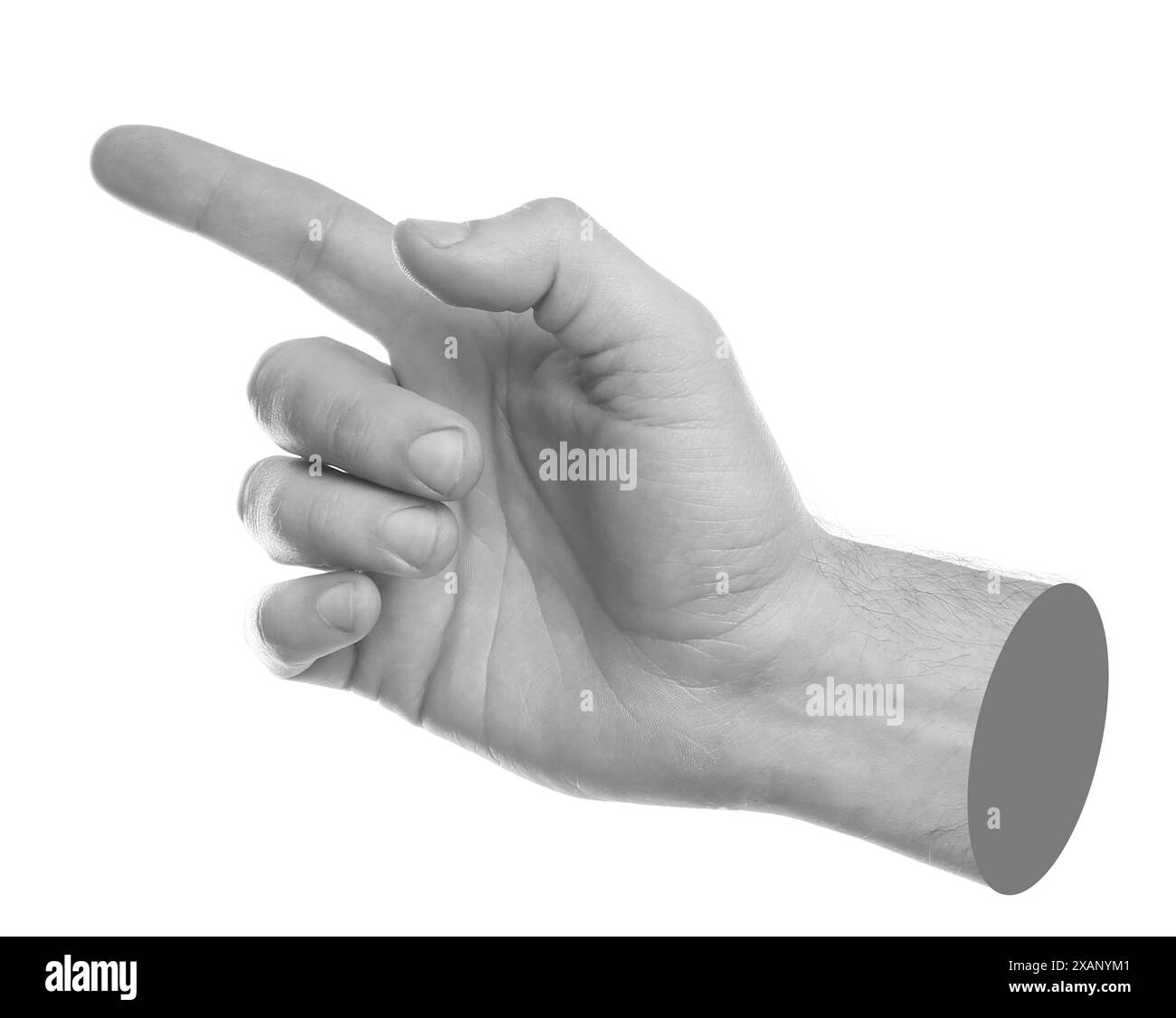 Man's hand pointing at something on white background. Black and white ...