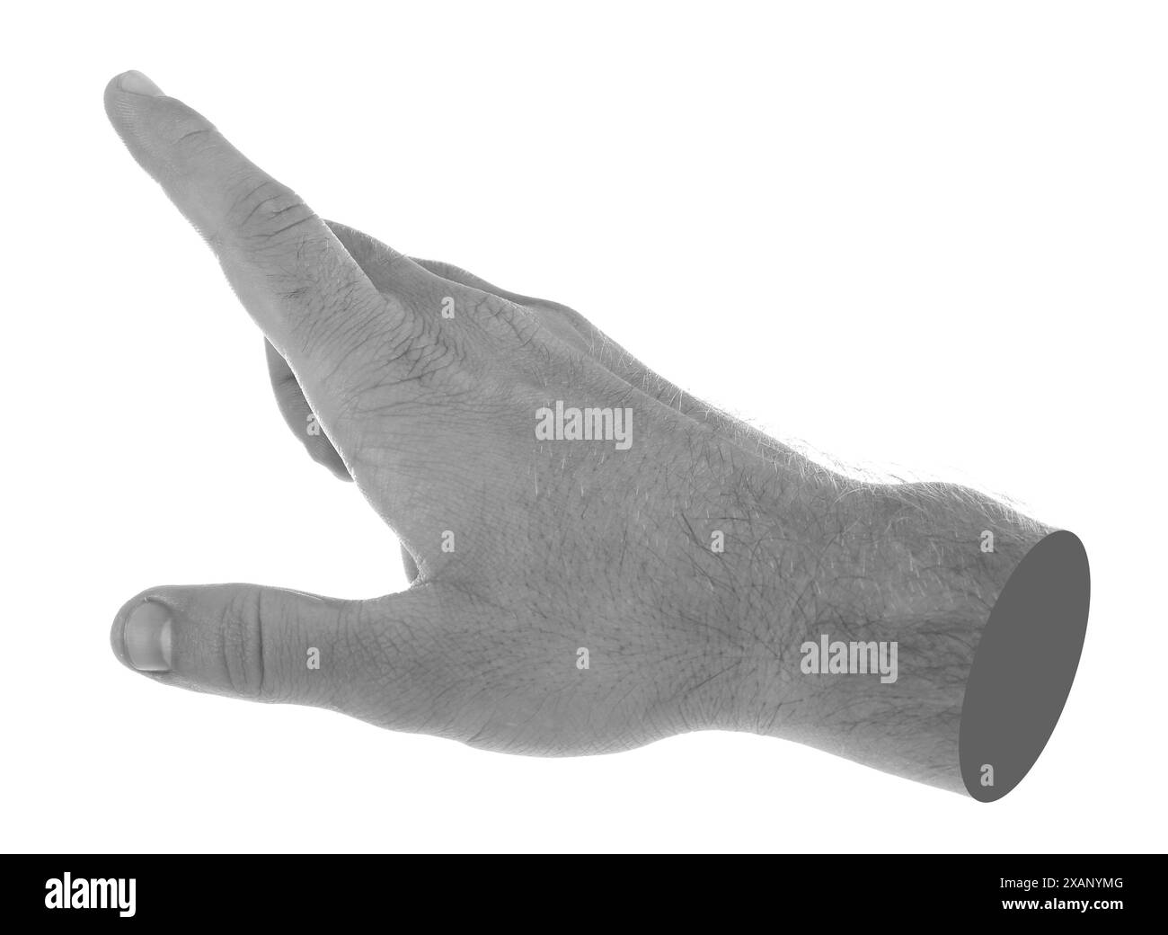 Man's hand pointing at something on white background. Black and white ...