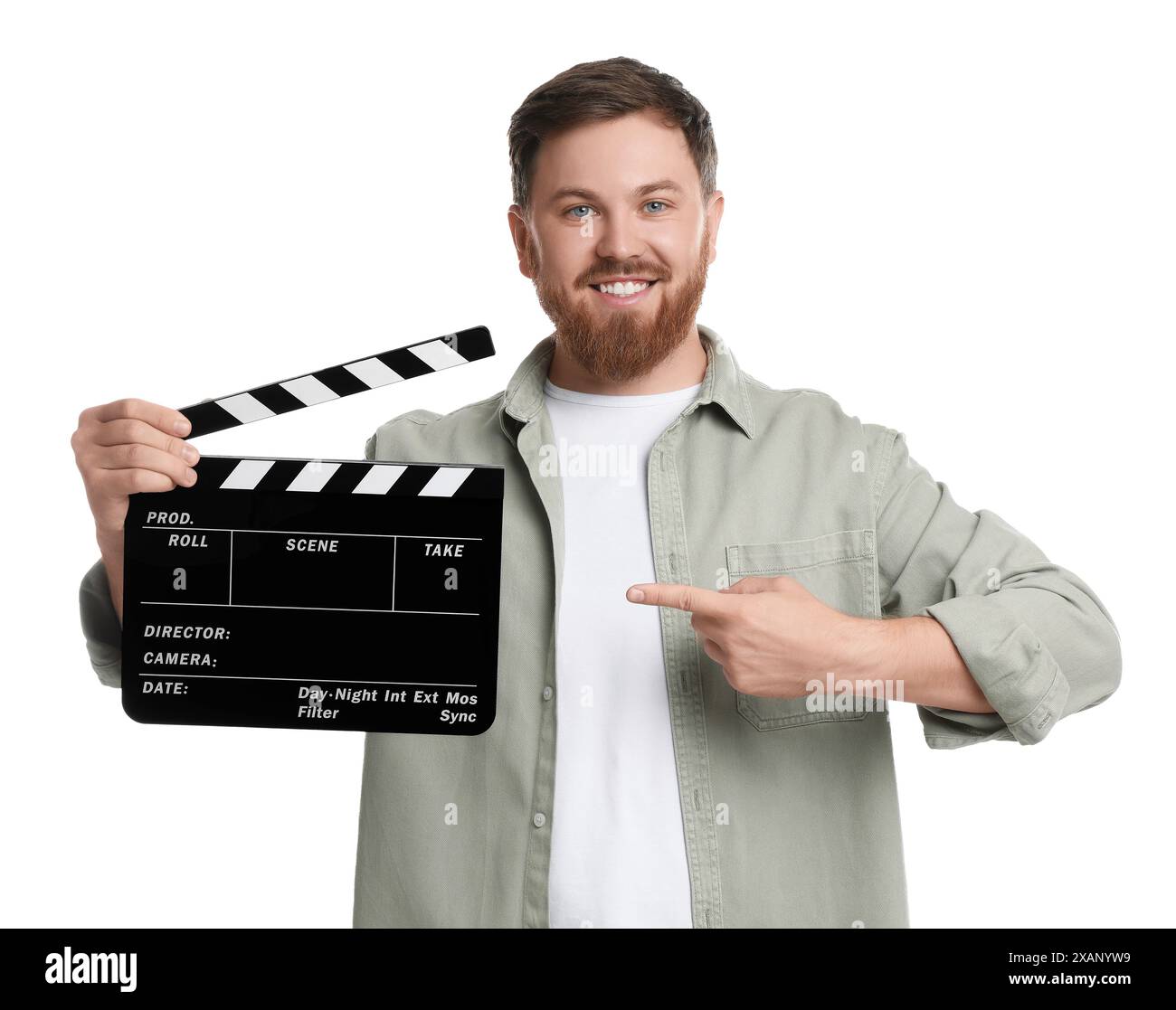 Making movie. Smiling man pointing at clapperboard on white background ...