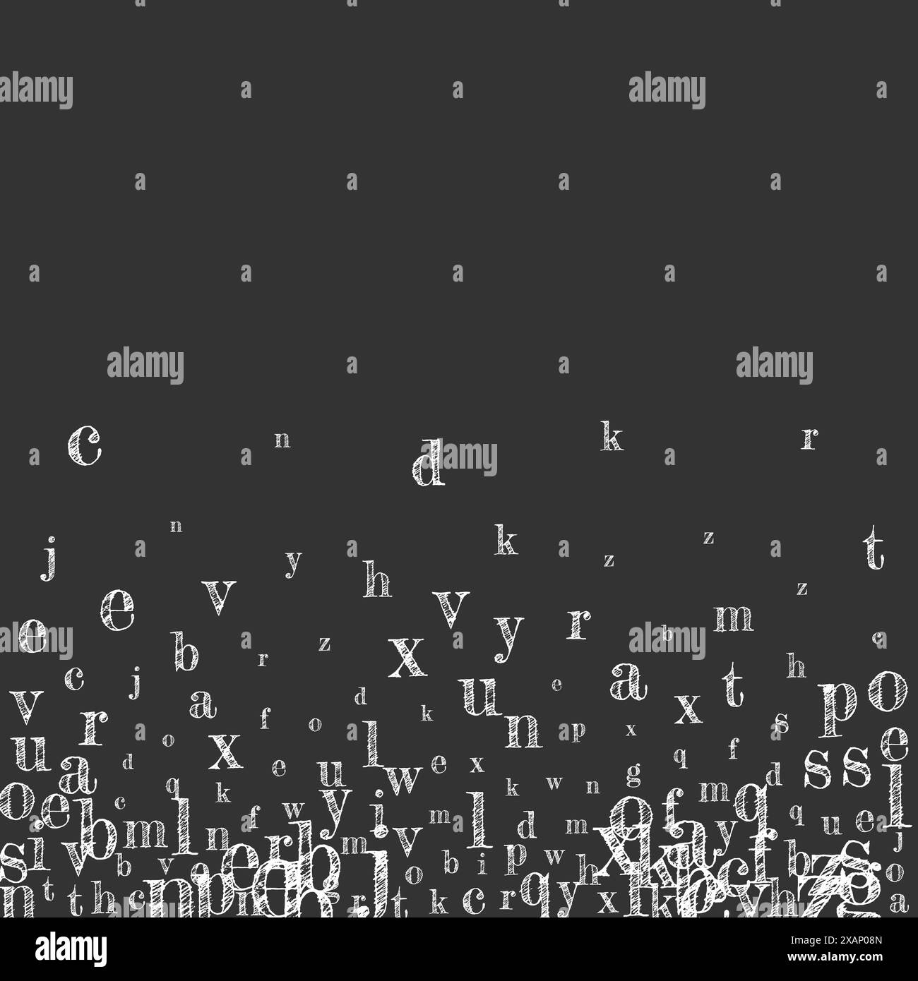 Scattered letters of latin alphabet. White chalk floating characters of ...