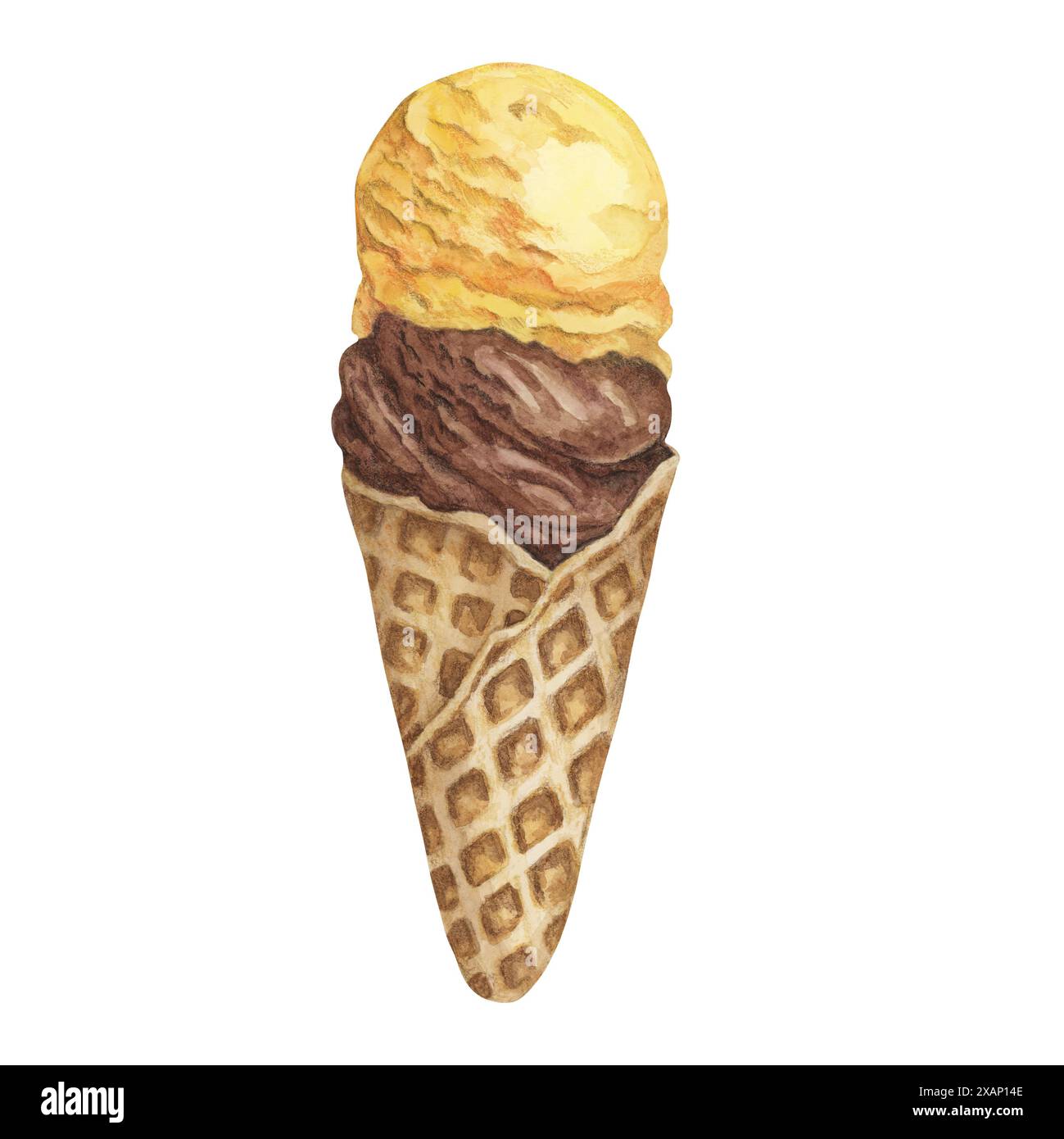 Lemon, banana or pineapple and chocolate ice cream scoops in waffle ...