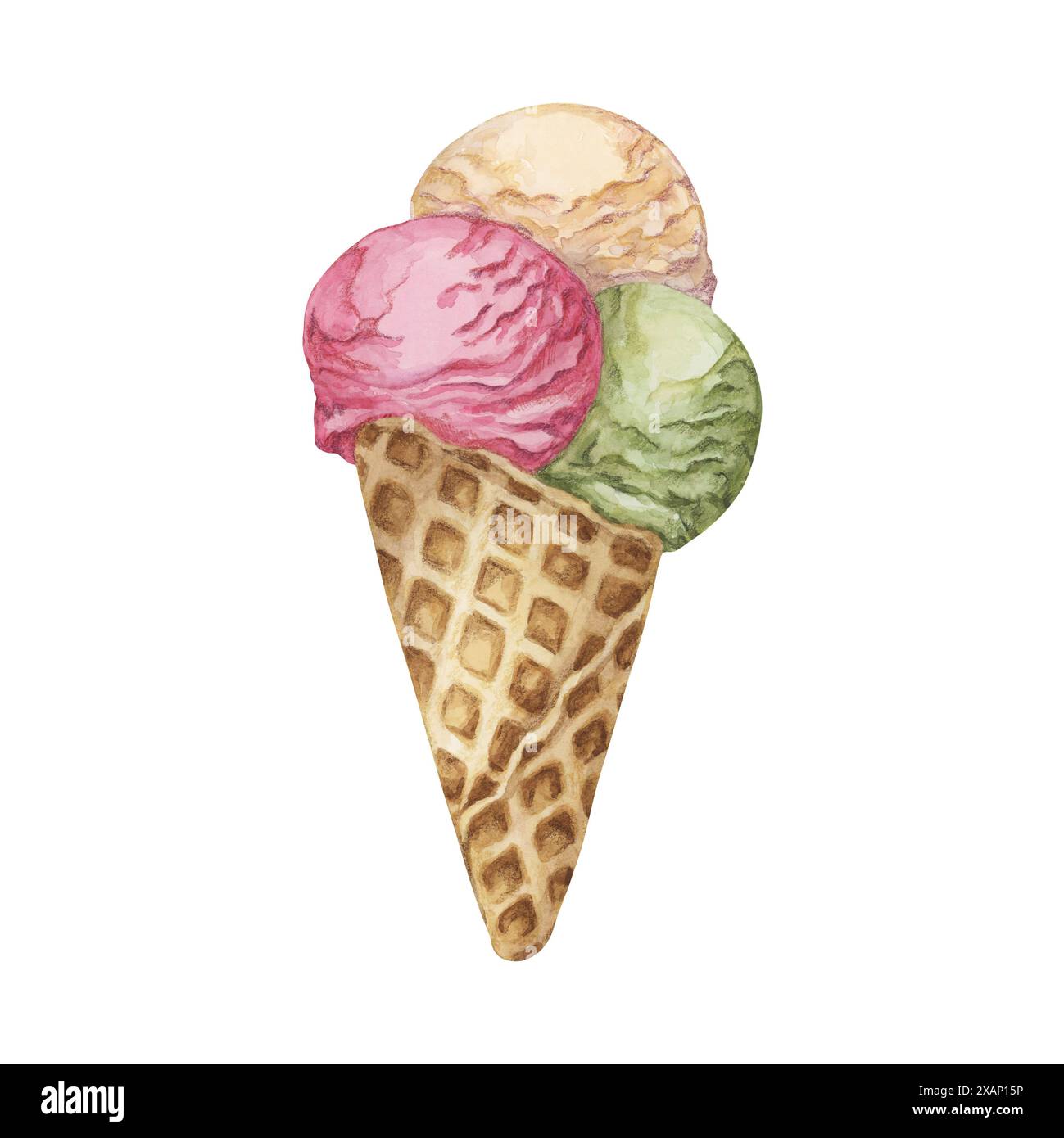 Vanilla, berry and pistachio or matcha ice cream scoops in waffle cone ...
