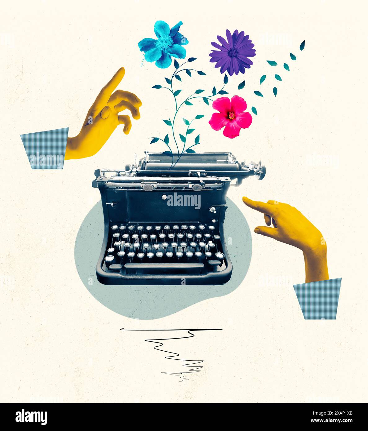 Pop Art Collage Female Hand Typing On Retro Typewriter Over Creative Design Background Vintage