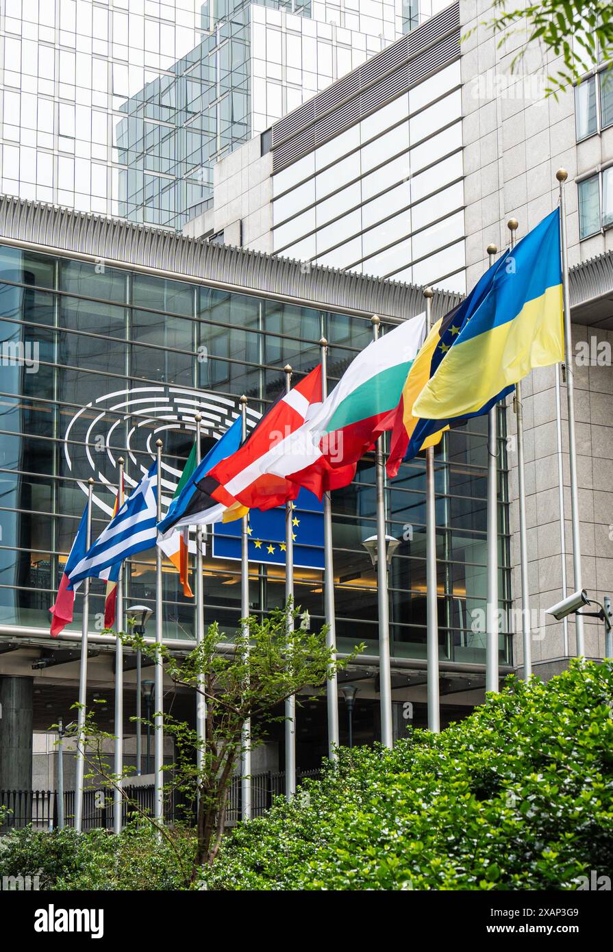 Flags Of Ukraine, EU and European Countries on Flagpoles in front of ...