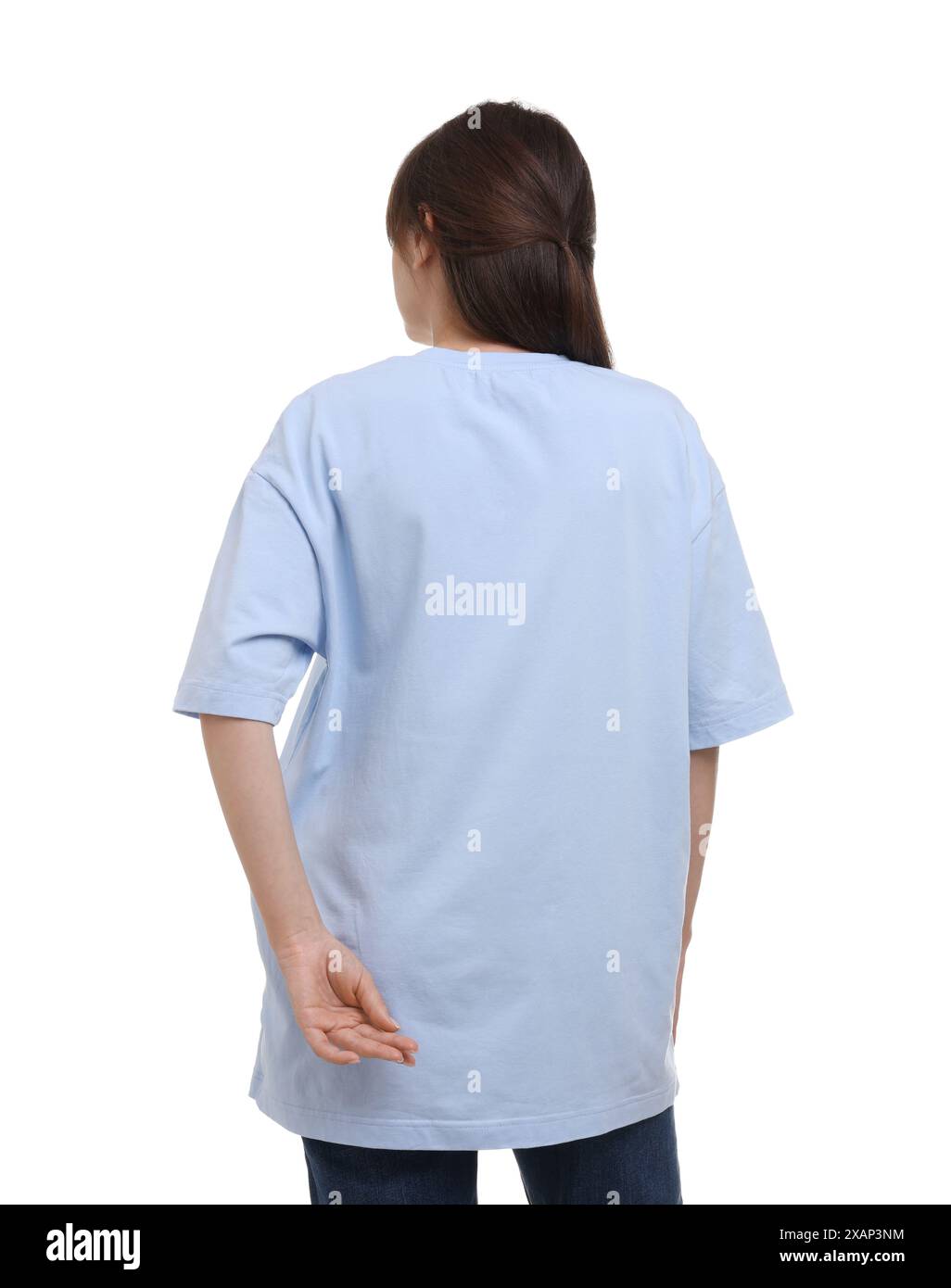 Woman in stylish light blue t-shirt on white background, back view ...
