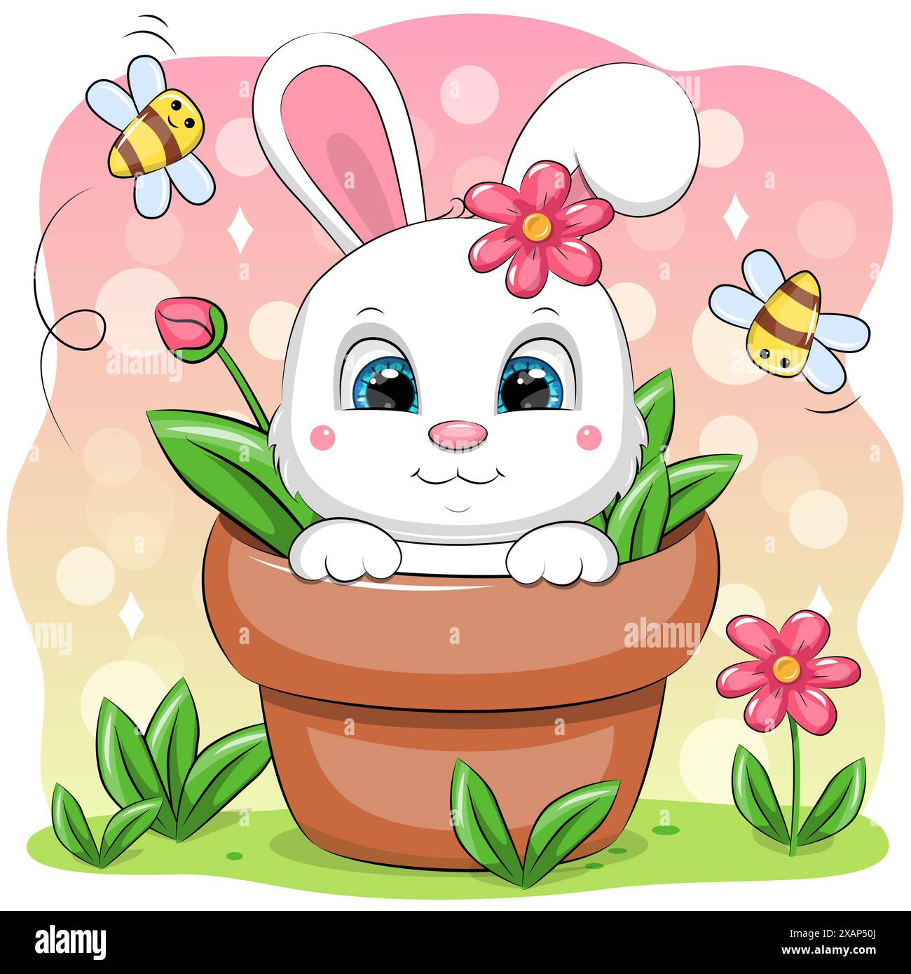Cute cartoon white rabbit in a flower pot with bees and flowers. Vector ...