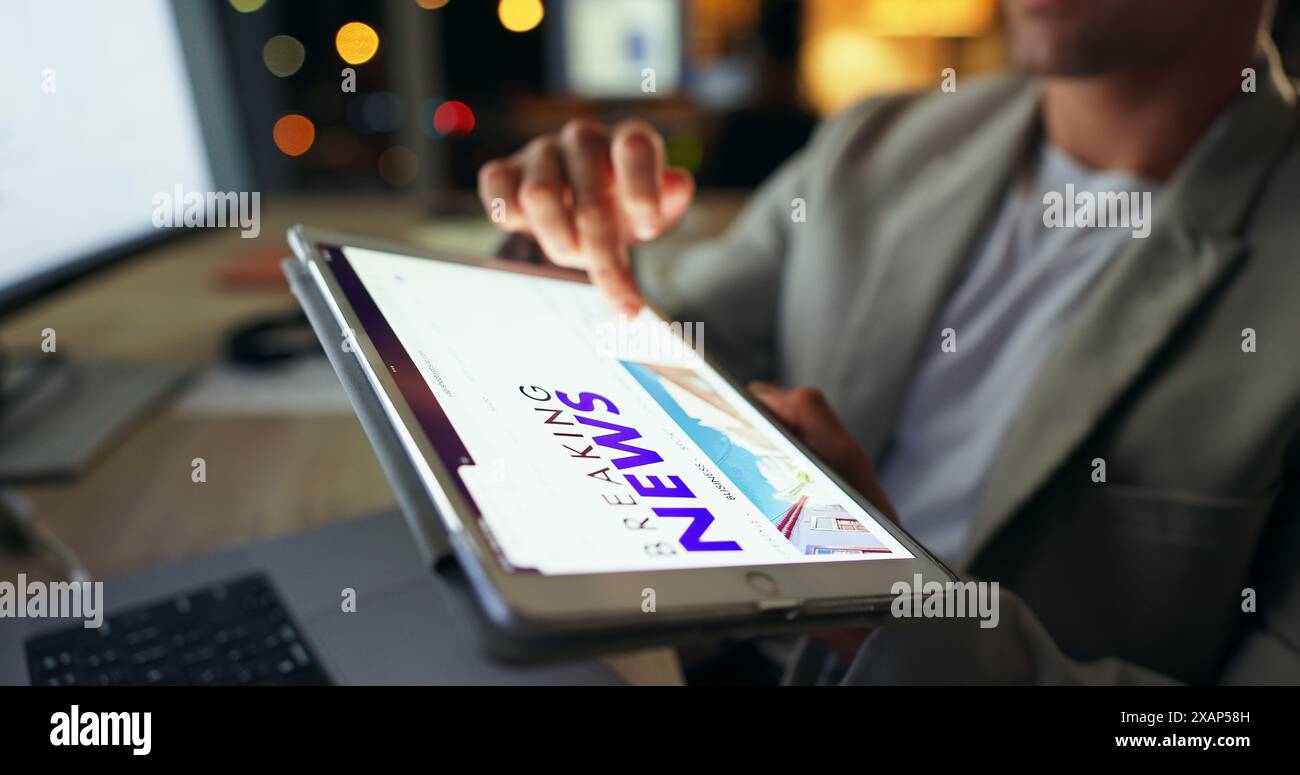 Man, tablet and night office with screen in publishing company, news ...
