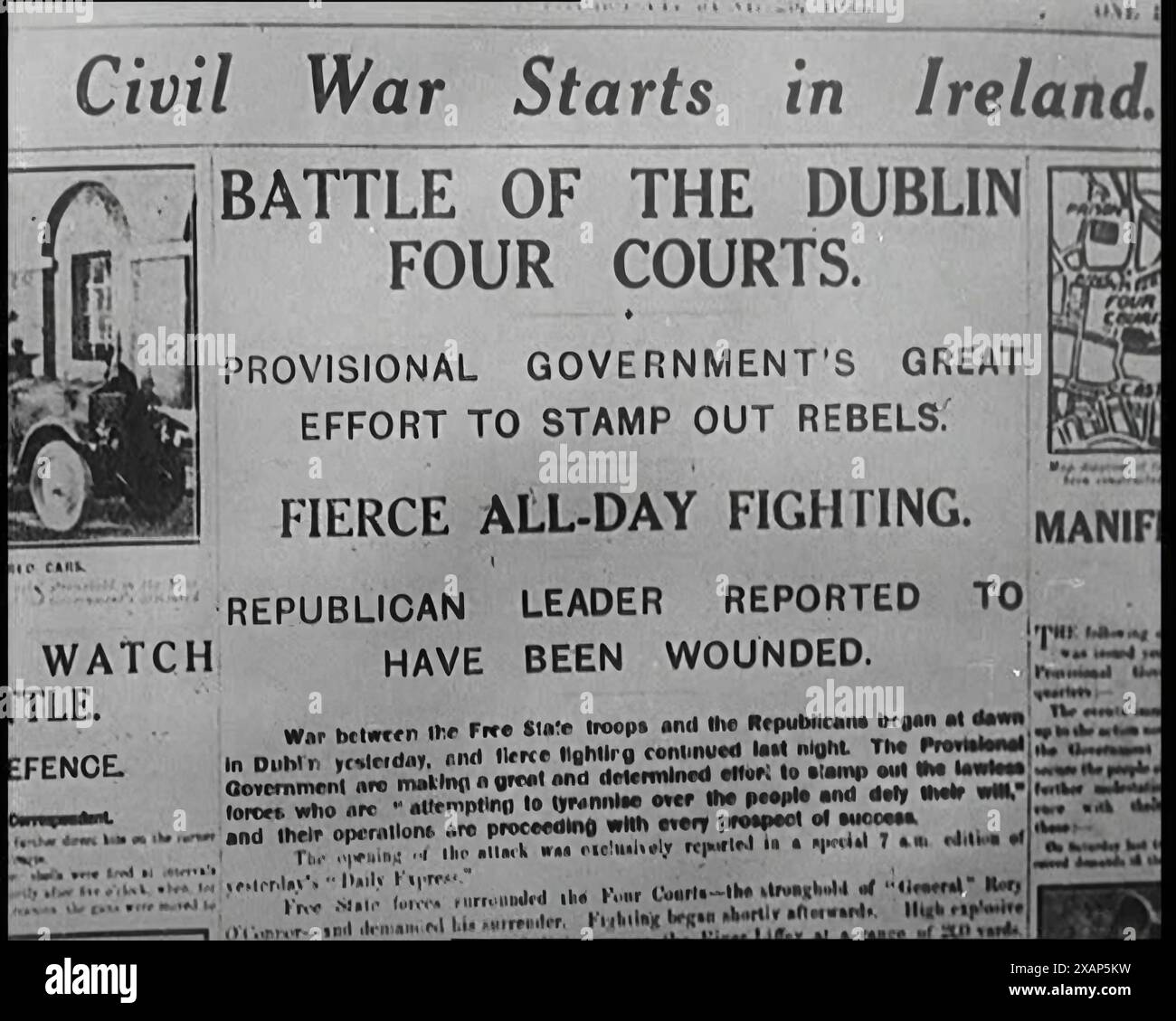 Newspaper Headline 'Civil War Starts in Ireland', 1922. From "Time to ...