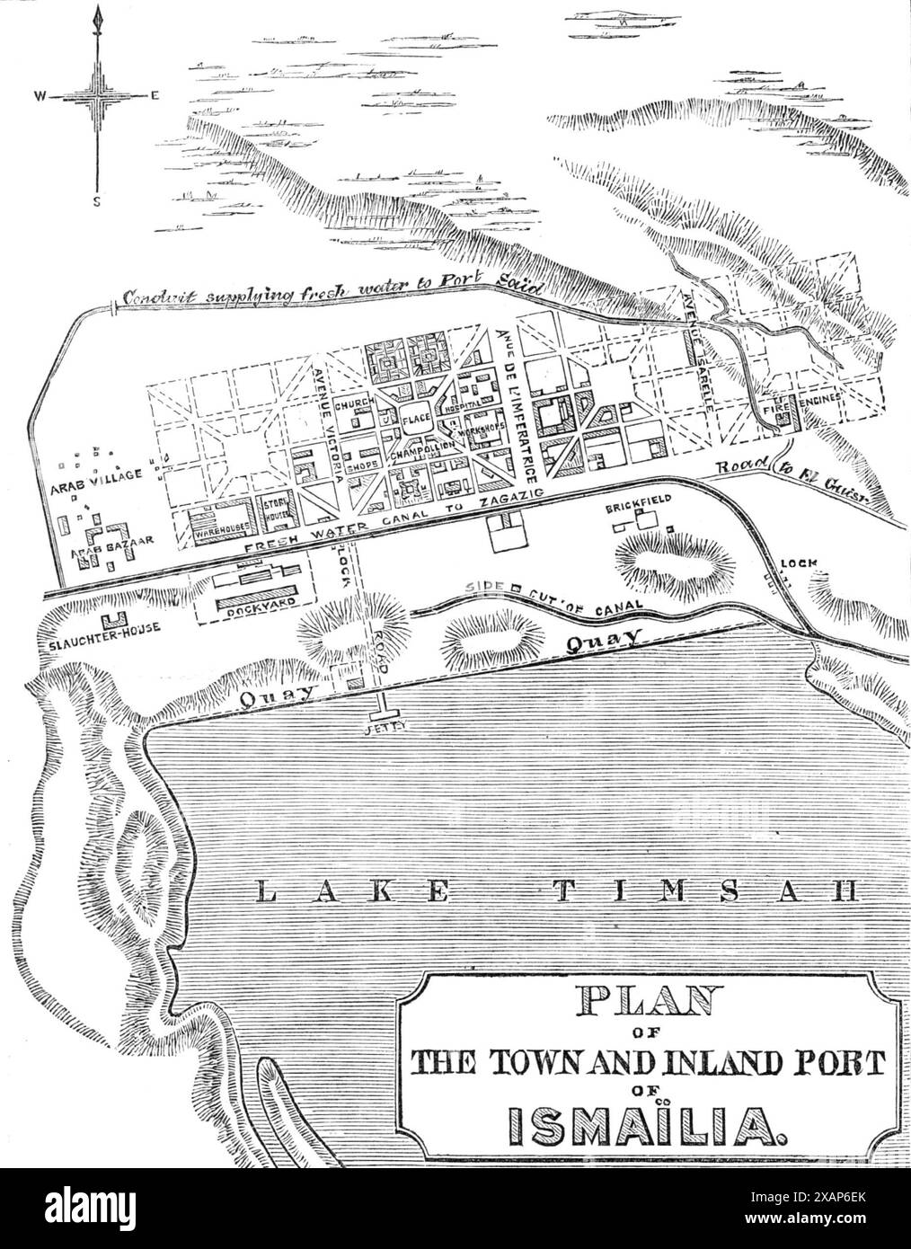 Plan of the town and inland port of Ismaïlia, 1869. Map of the town of ...