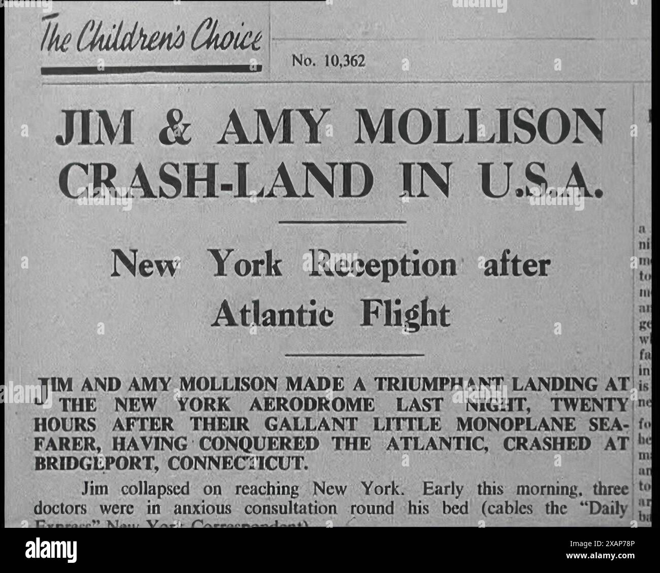 Newspaper Article with Headline Reading: 'Jim & Amy Mollison Crash-land ...