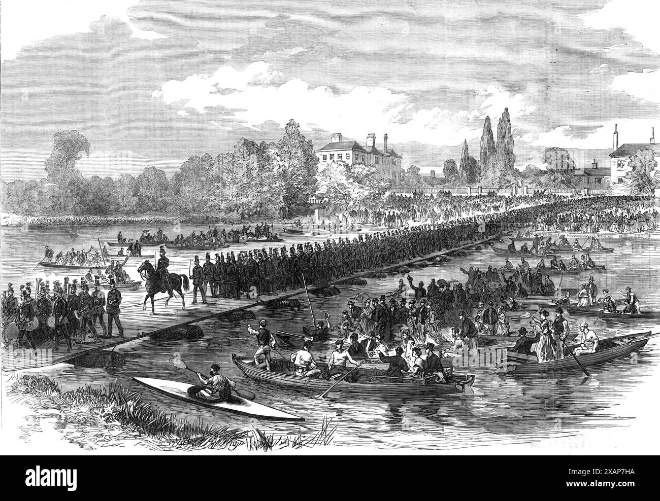 The Volunteer Review at Windsor: volunteers crossing the pontoon bridge ...
