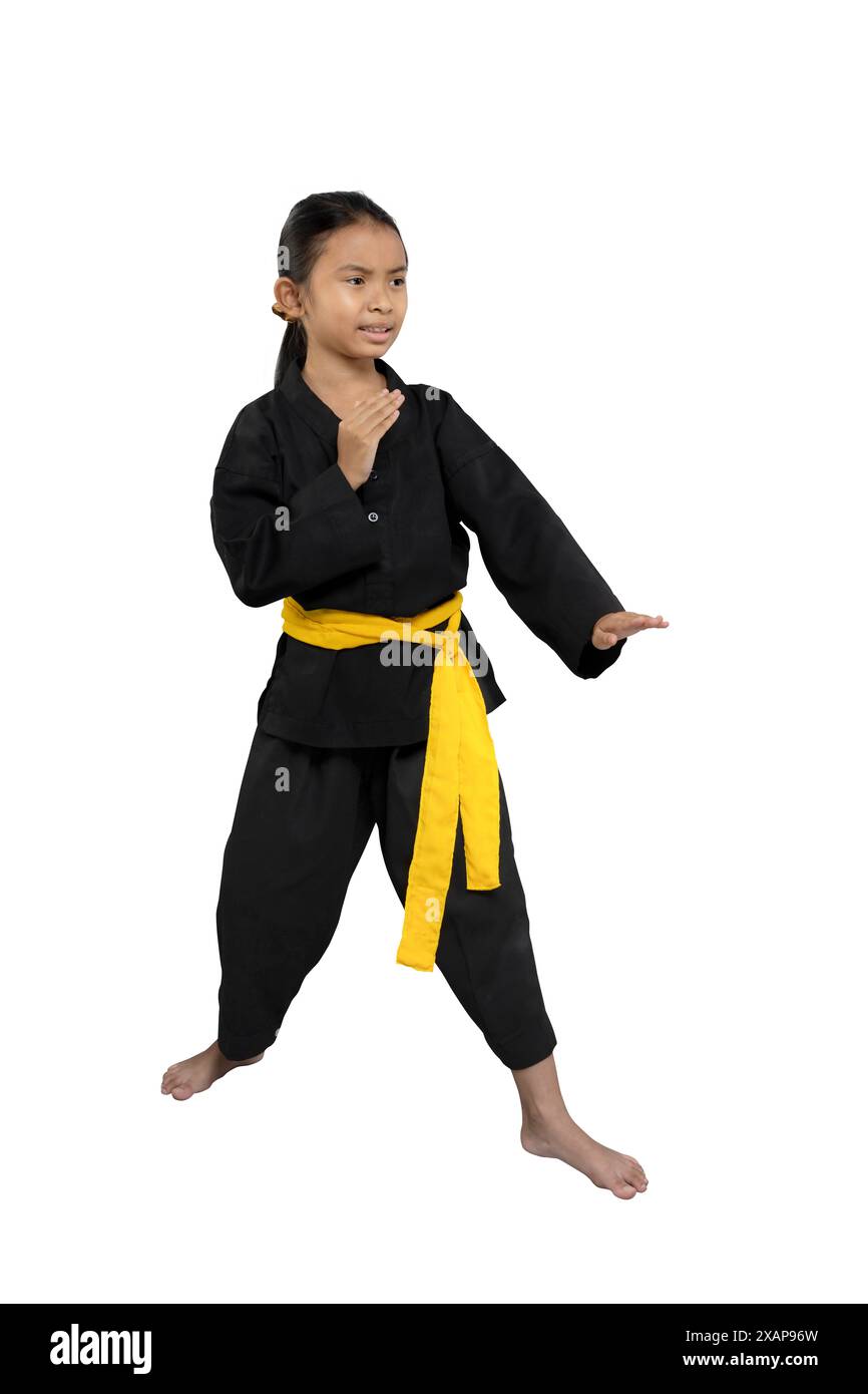 Asian little girl with a yellow sash training martial arts isolated ...