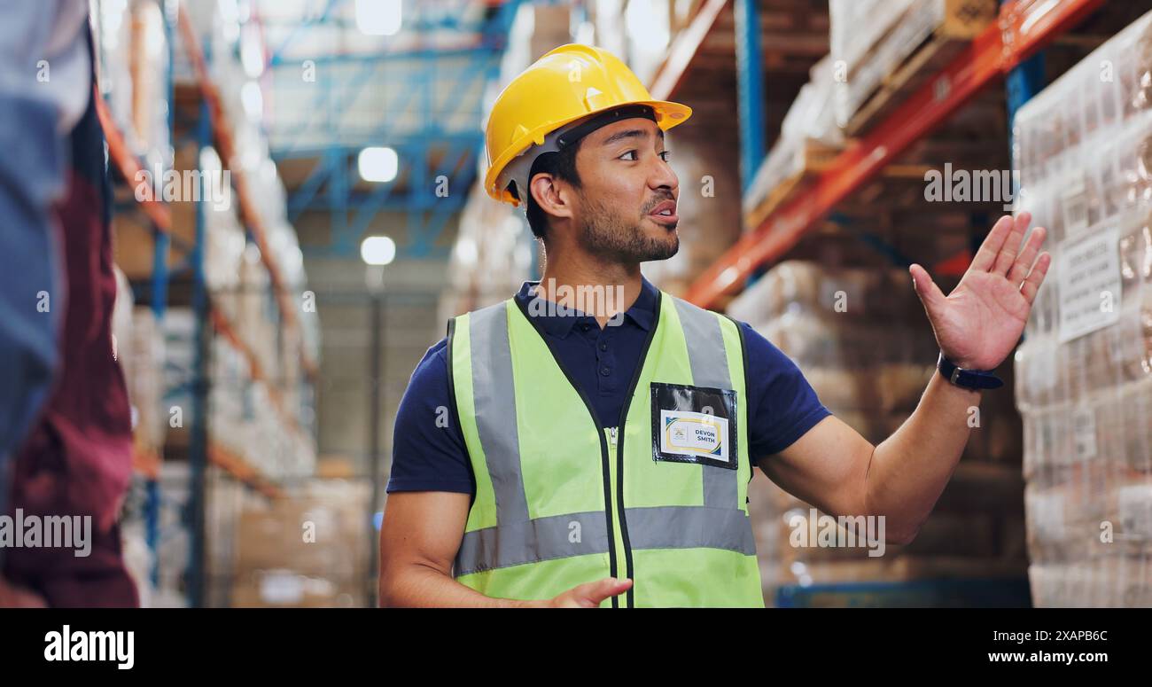 Man, logistics and inspection of warehouse distribution safety, quality ...