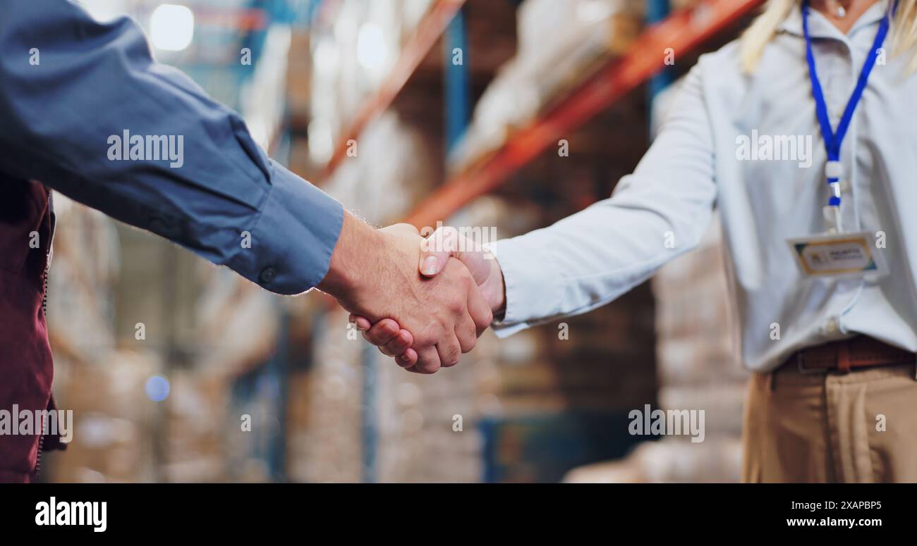Handshake, agreement and teamwork for people in warehouse, meeting and ...