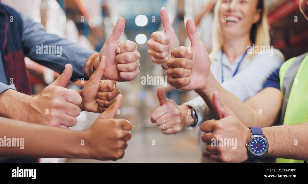 People, hands and thumbs up in logistics warehouse, partnership and ...