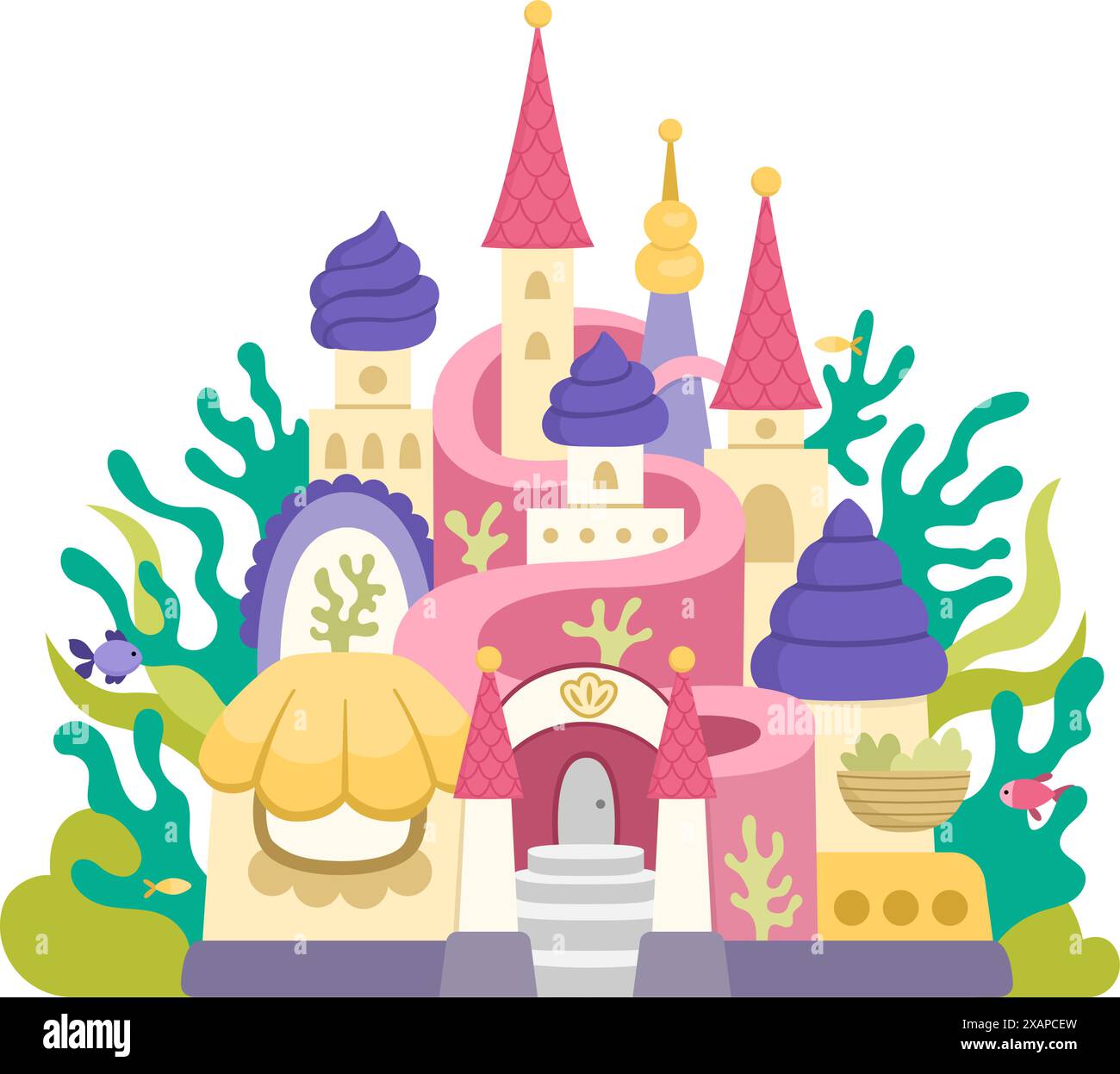 Vector mermaid castle with seaweeds, shells, fish. Fantasy underwater ...