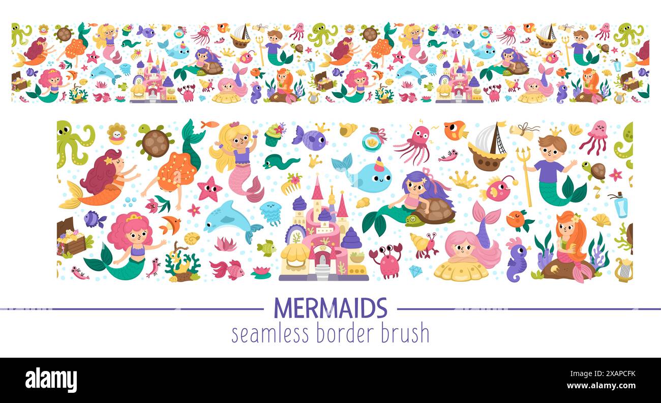 Vector mermaids seamless pattern brush. Underwater kingdom horizontal ...
