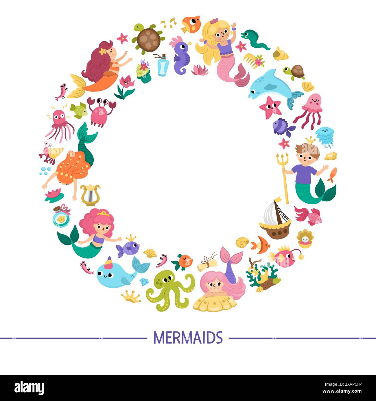 Vector round frame wreath with mermaids. Underwater kingdom card ...