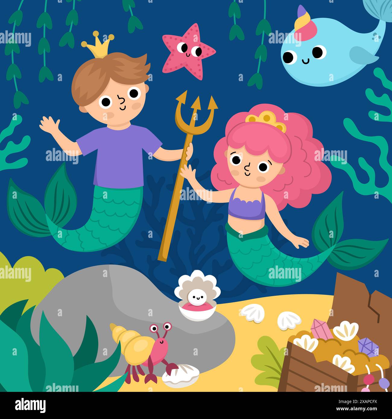 Vector landscape illustration with mermaid and boy with trident, crown ...