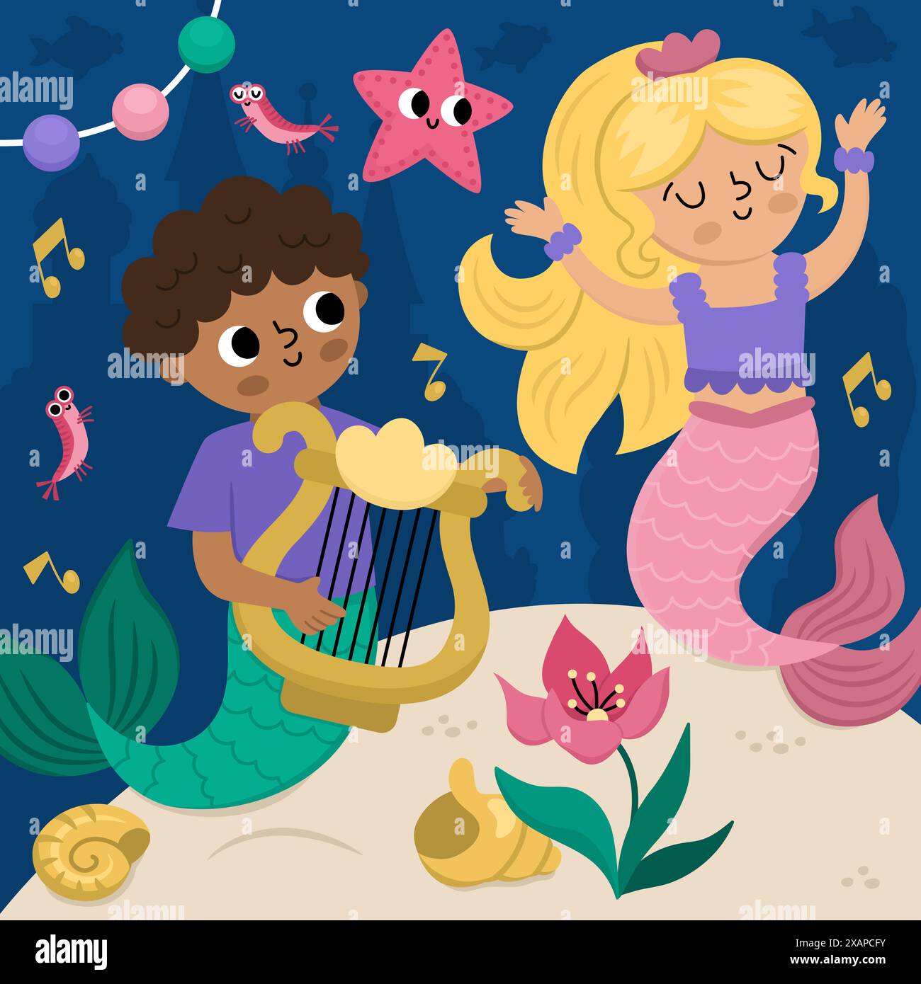 Vector landscape illustration with dancing mermaid and boy playing harp ...