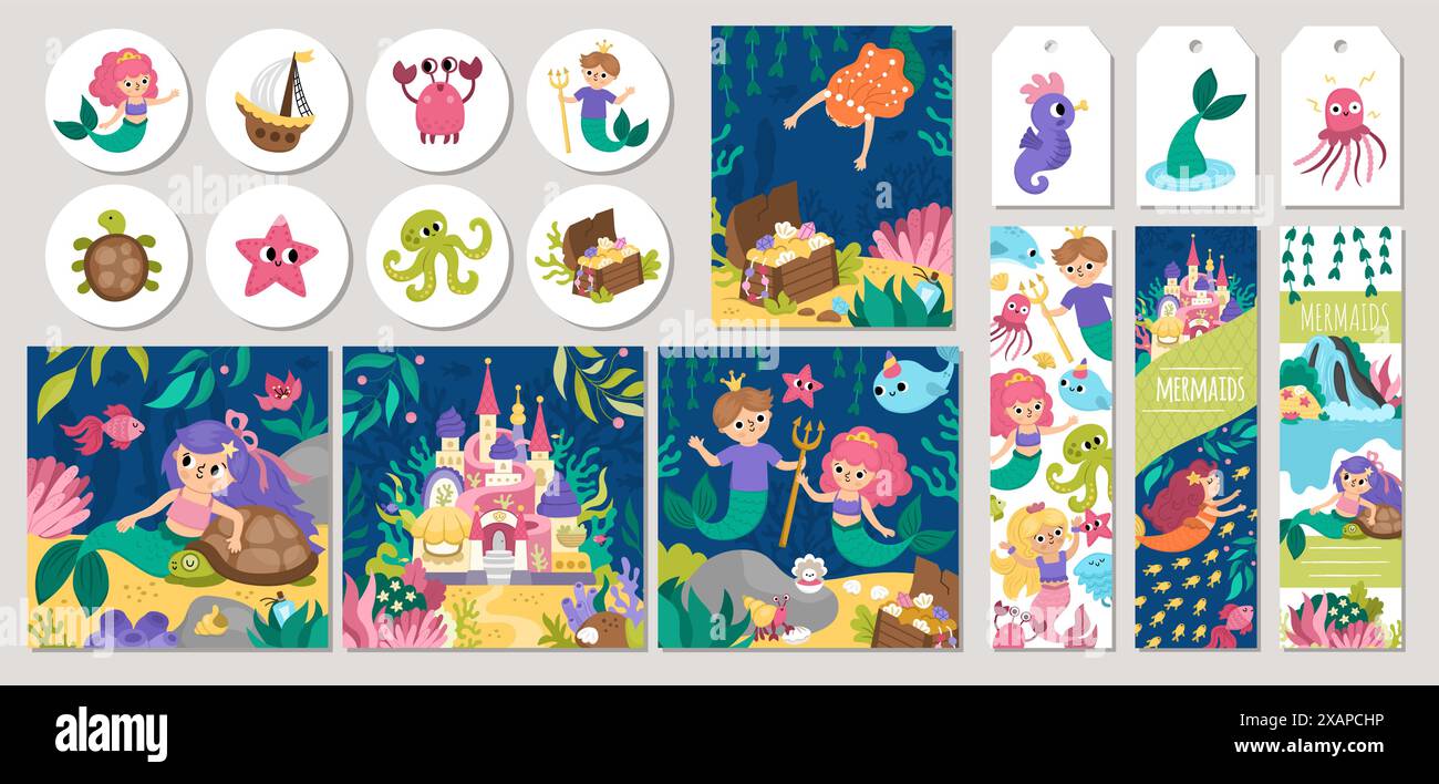 Cute mermaid cards set with princess, fish, castle, animals, treasure ...