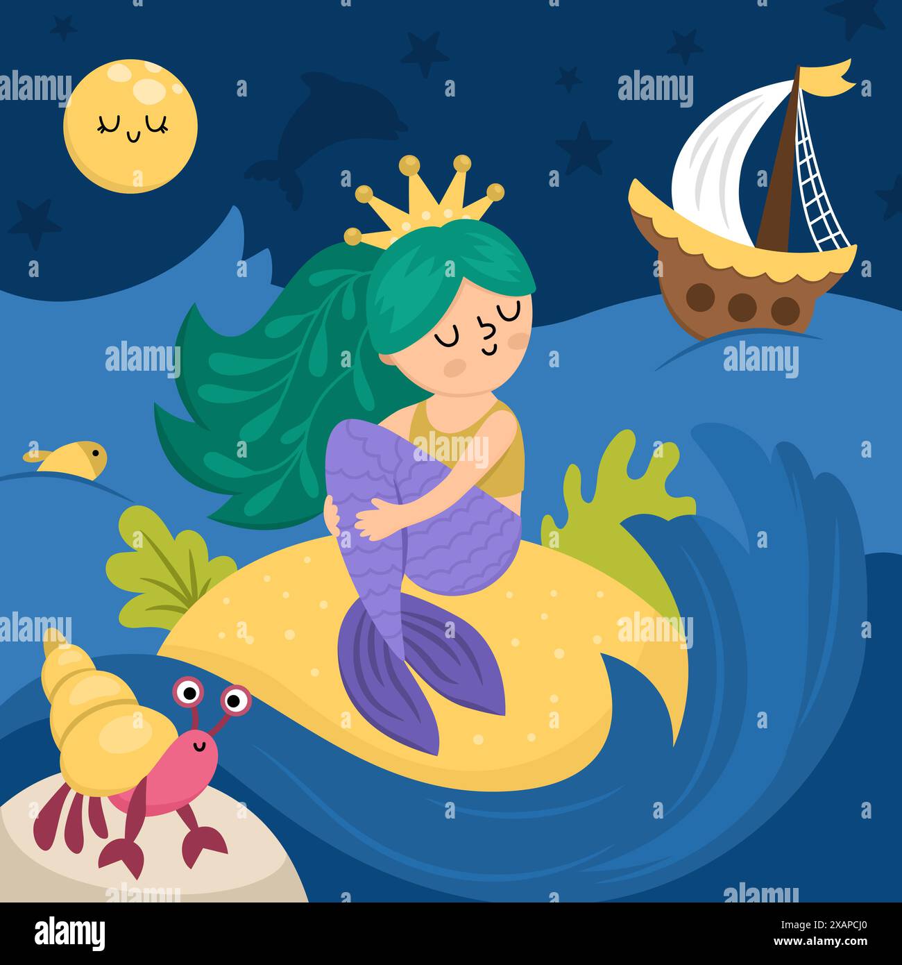 Vector landscape illustration with mermaid with green hair, night sky ...