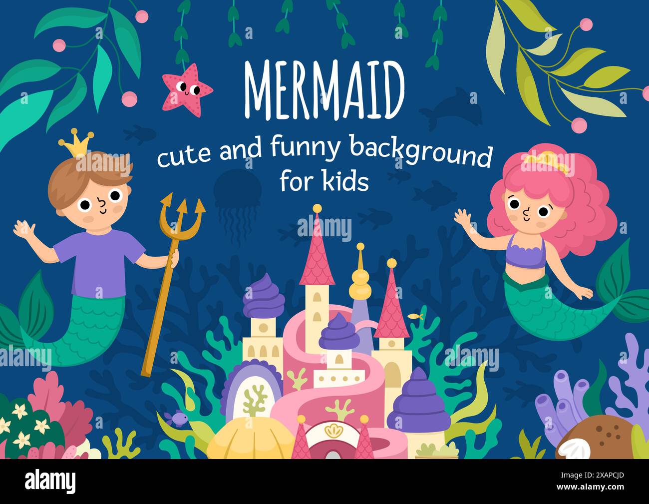 Vector landscape illustration with mermaid and boy with trident, crown ...