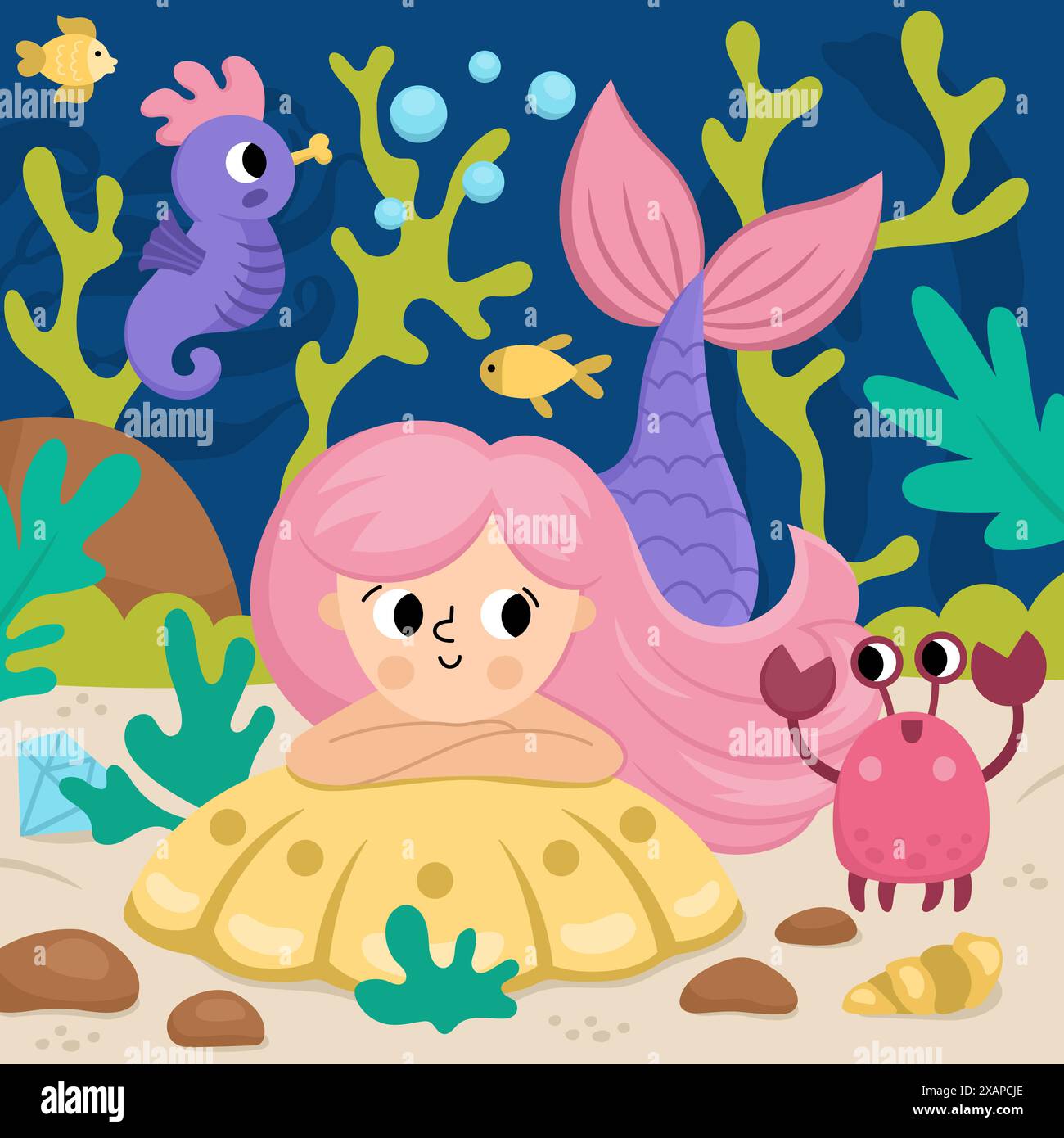 Vector landscape illustration with mermaid with pink hair talking to ...