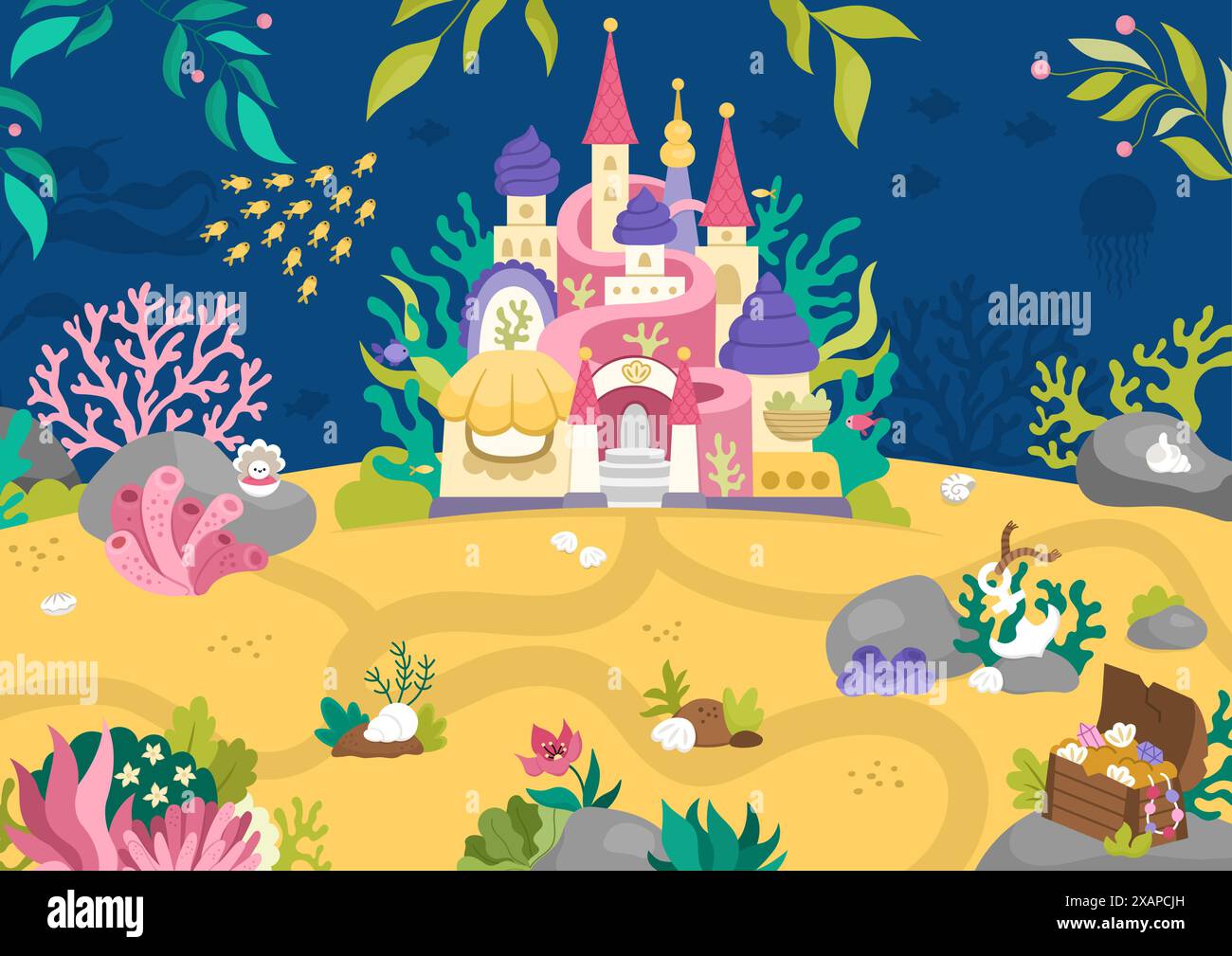 Vector mermaid land landscape illustration with castle, fish, seaweeds ...