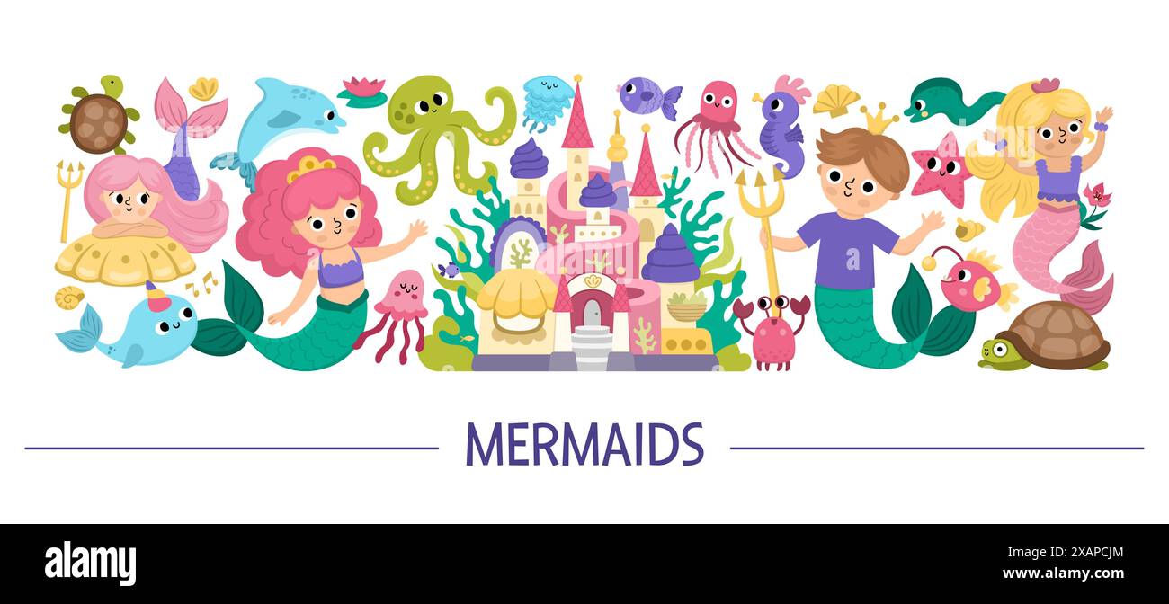 Vector horizontal mermaids set. Underwater kingdom card template design ...