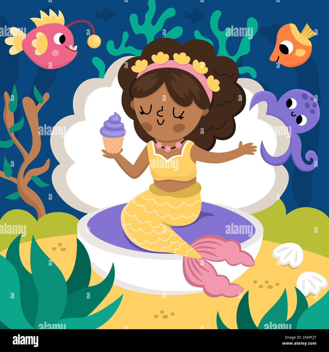 Vector landscape illustration with mermaid with dark skin sitting in ...