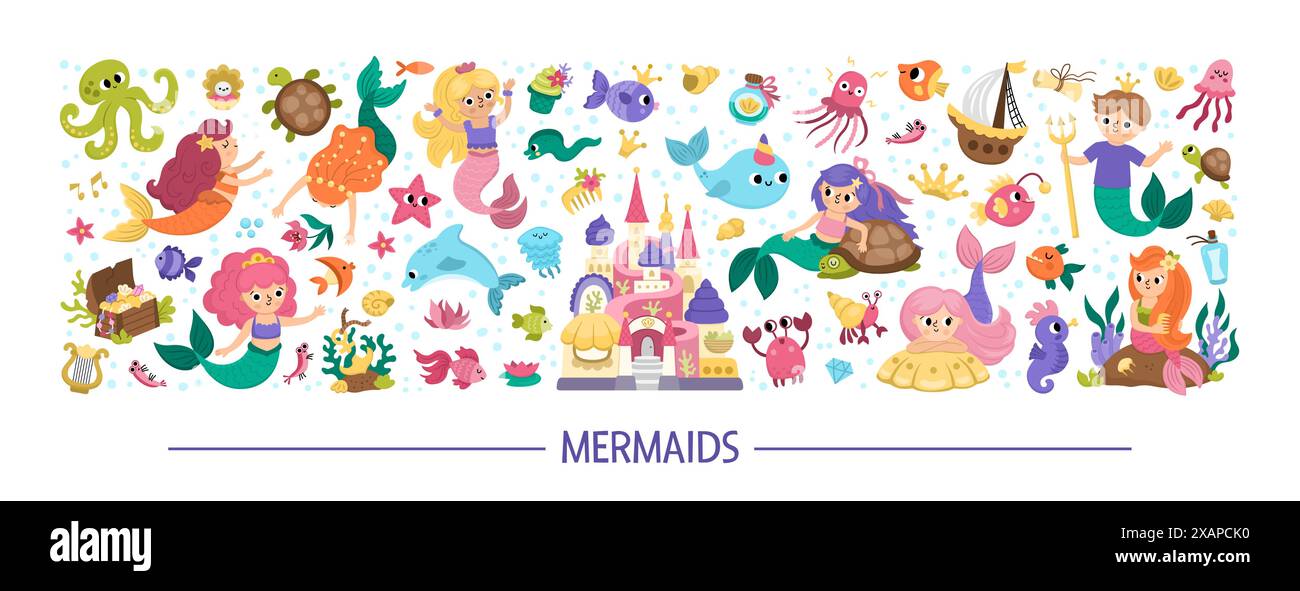 Vector horizontal set with mermaids, castle, water animals. Underwater ...