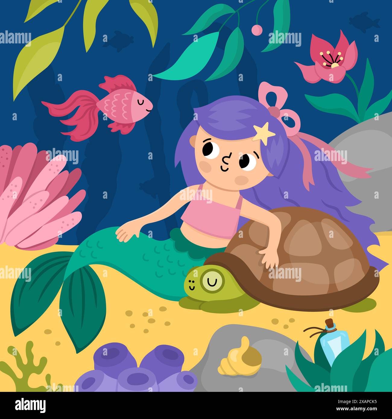 Vector landscape illustration with mermaid with purple hair sitting on ...