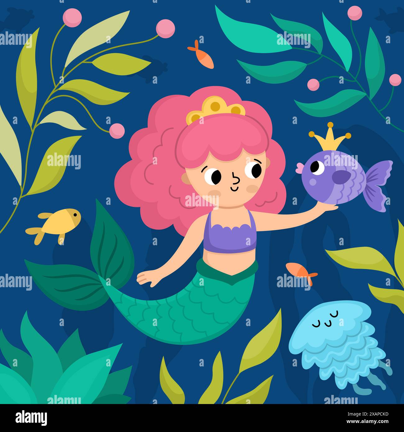 Vector landscape illustration with mermaid with pink hair, purple fish ...