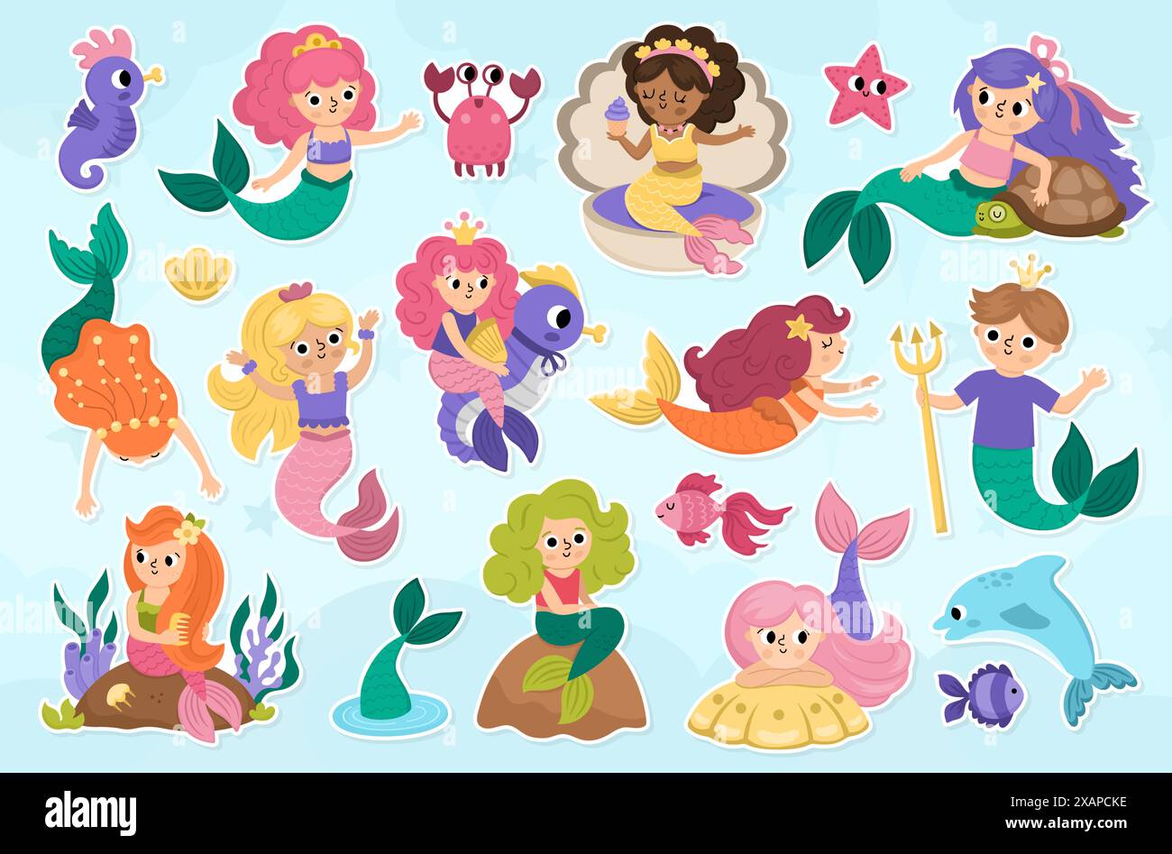 Vector mermaid stickers set. Underwater kingdom patches collection with ...