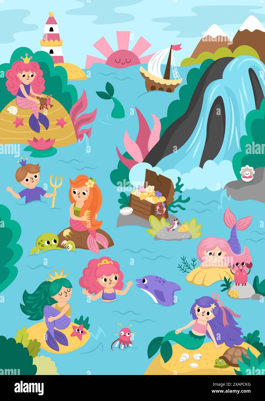 Vector mermaid land landscape illustration. Marine prince and ...
