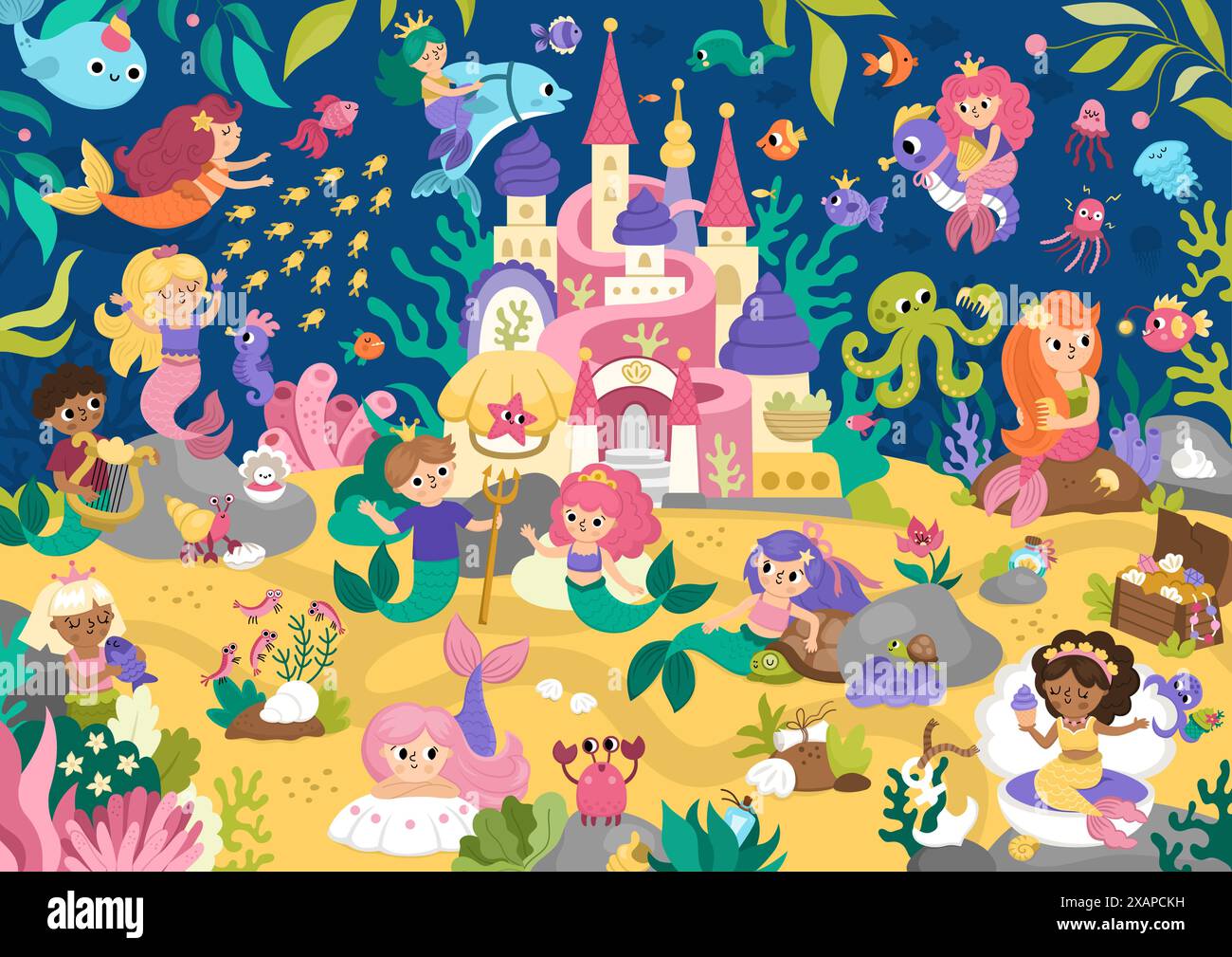 Vector mermaid land landscape illustration with castle, fish, seaweeds ...