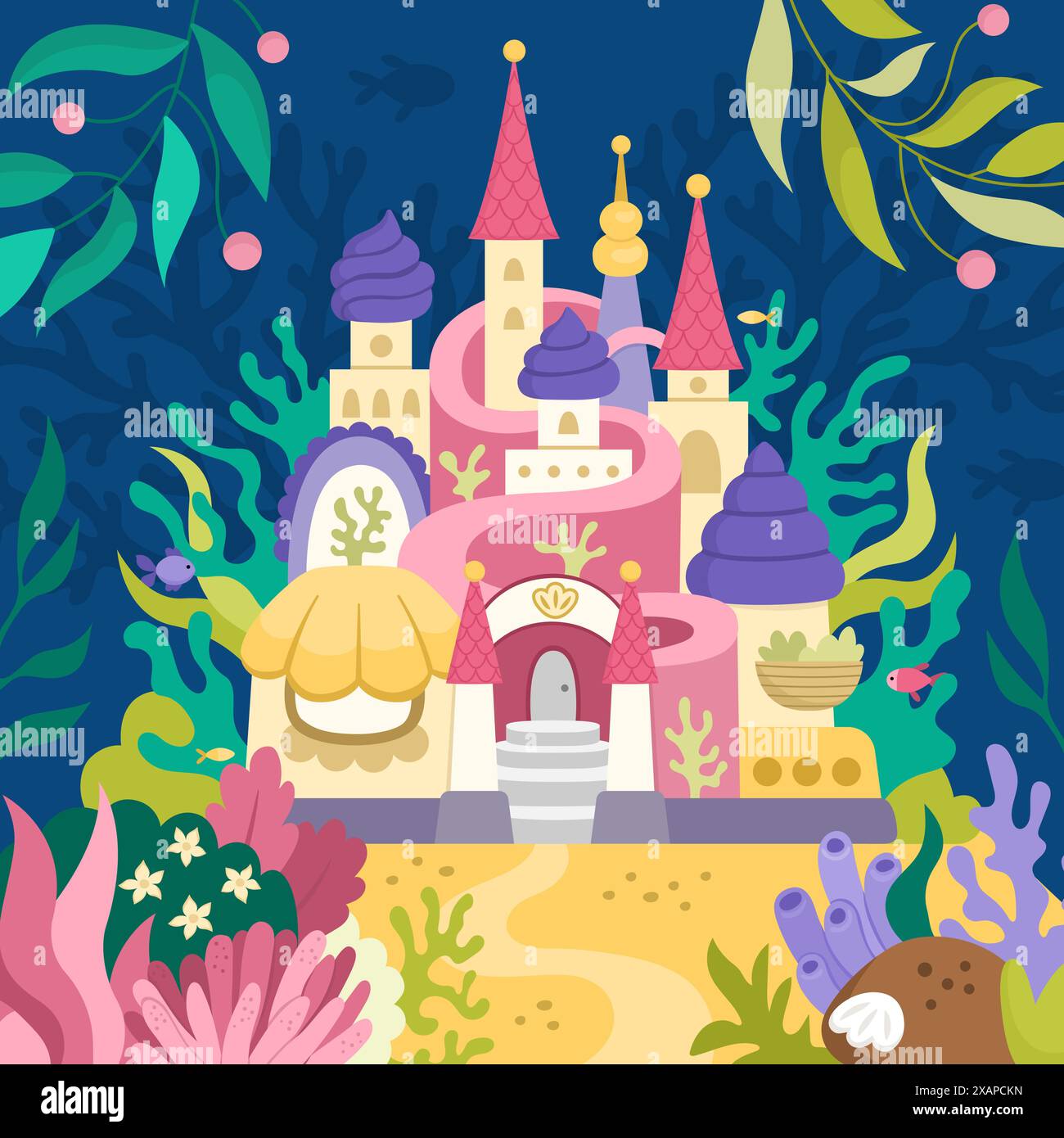 Vector landscape illustration with mermaid castle. Ocean or sea kingdom ...