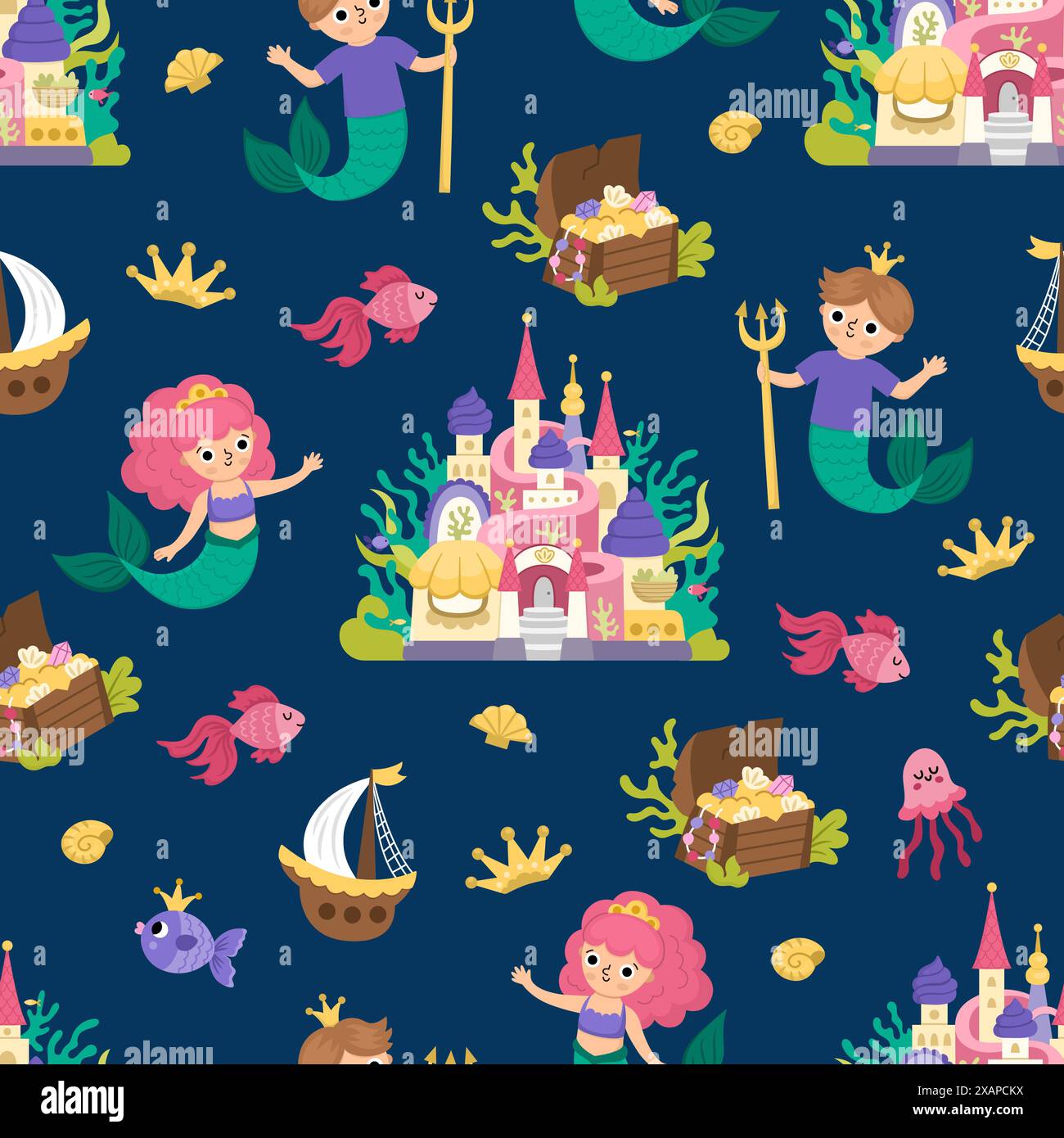 Vector mermaids seamless pattern. Underwater kingdom repeat background ...