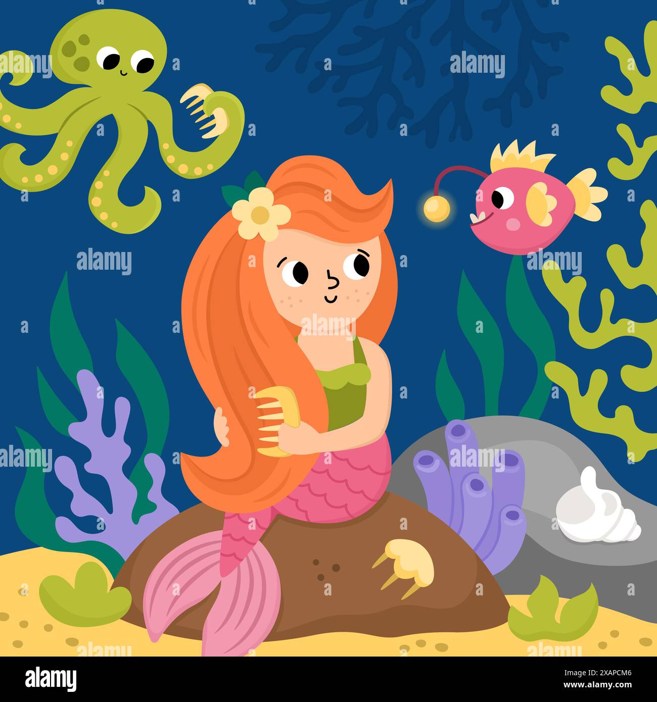 Vector landscape illustration with mermaid sitting on the rock combing ...