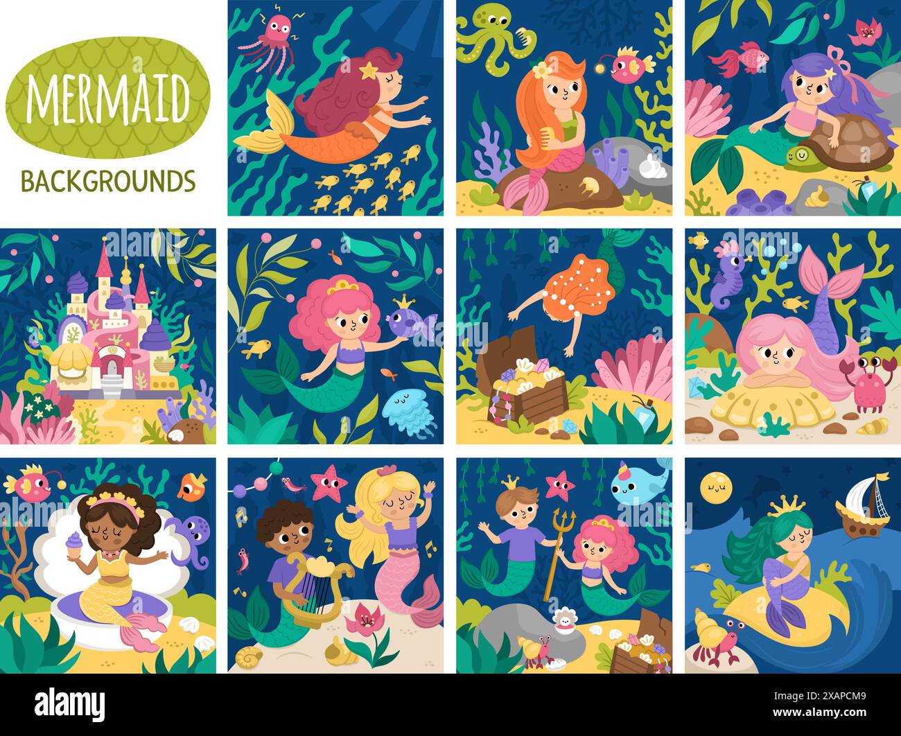Vector set of landscape illustrations with mermaid. Ocean or sea ...