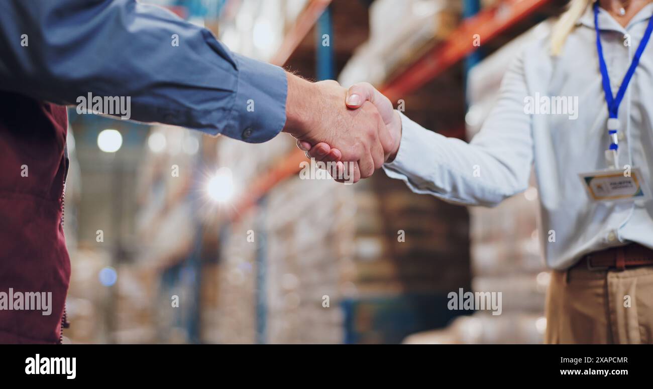 Handshake, agreement and teamwork for people in warehouse, meeting and ...