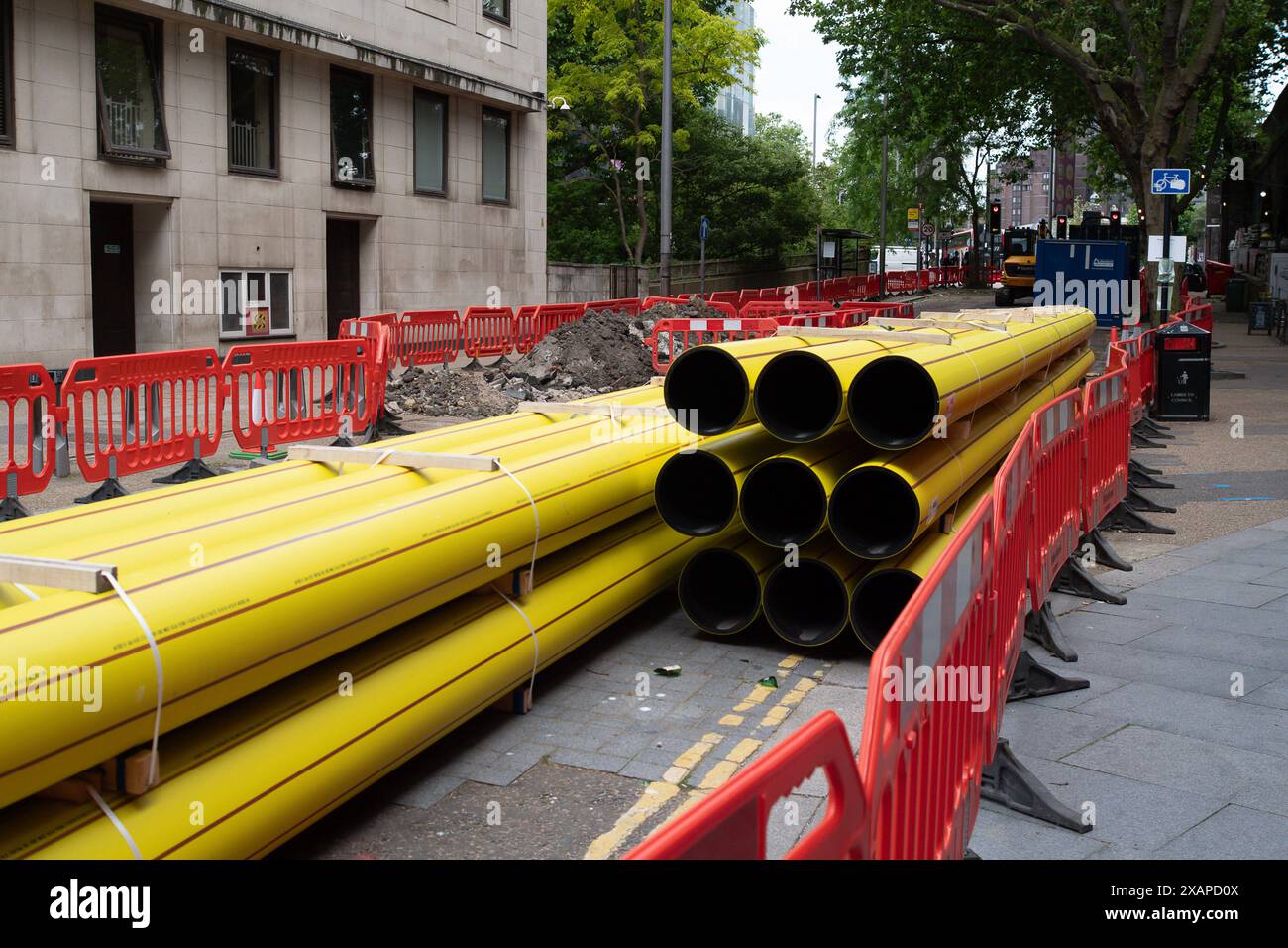 Huge new pipes awaiting installation on a road in London Stock Photo ...