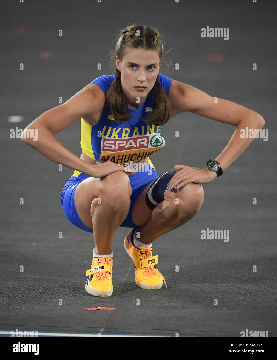 Yaroslava Mahuchikh of Ukraine sorting out her run up while competing ...