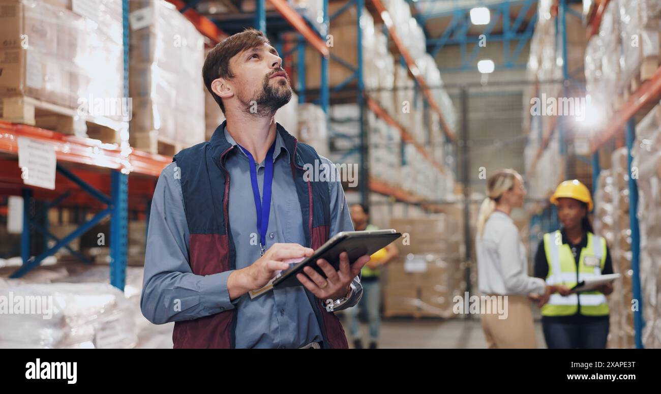 Logistics, distribution and man with tablet in warehouse for stock ...