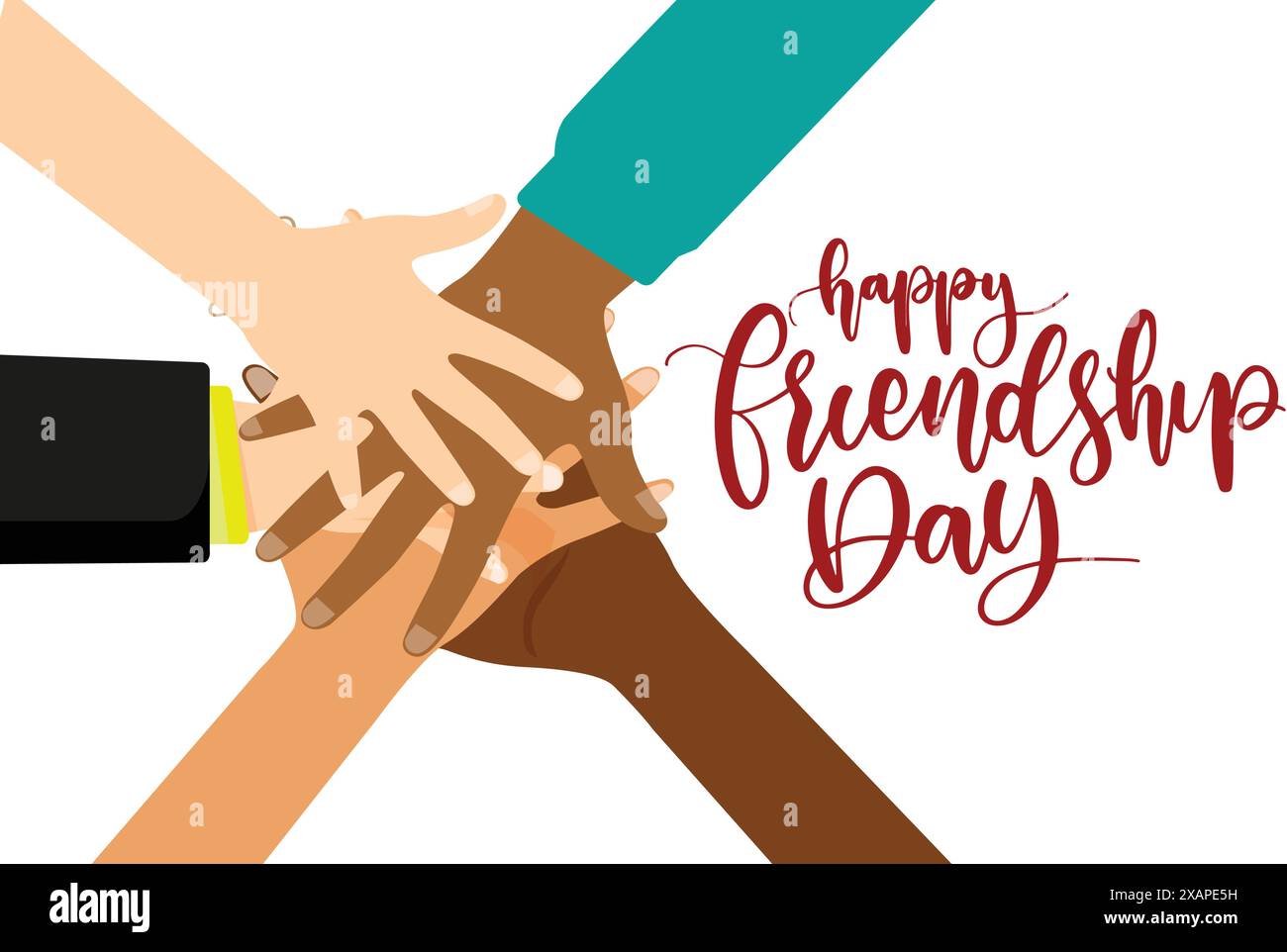 Happy friendship day .Hands of diverse group of people putting together ...