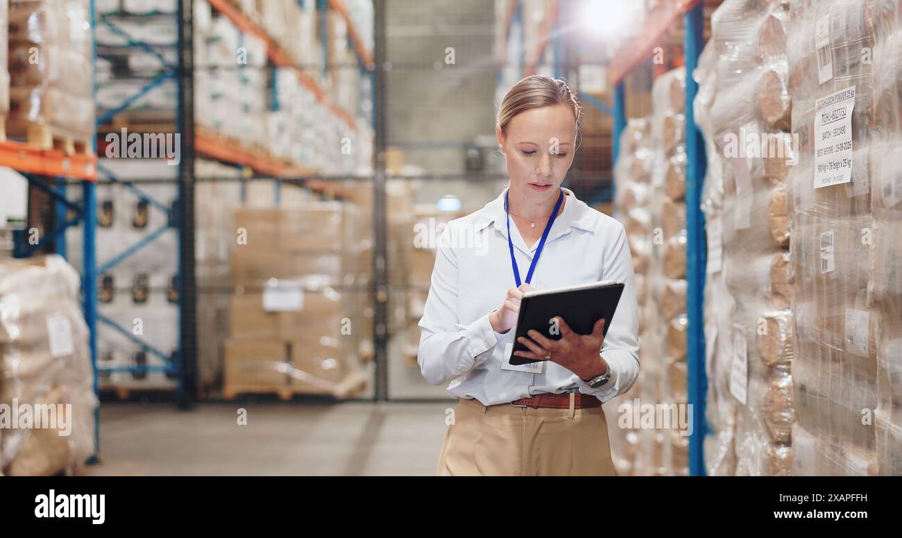 Storage, warehouse and check with tablet and business woman with ...