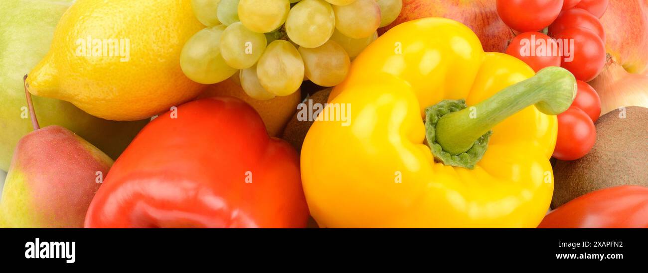 Assorted fresh ripe fruits and vegetables. Food concept background ...