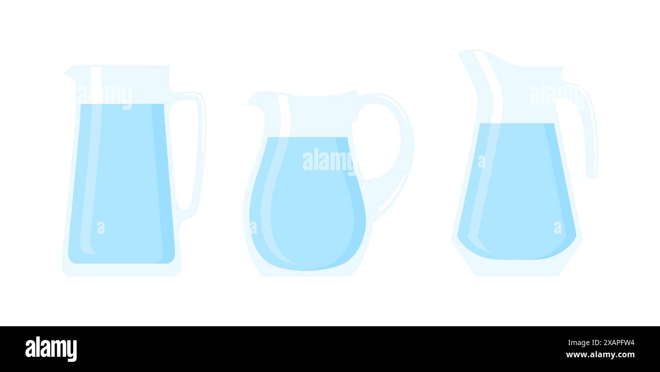 Transparent glass jugs of various shapes filled with water, isolated on ...